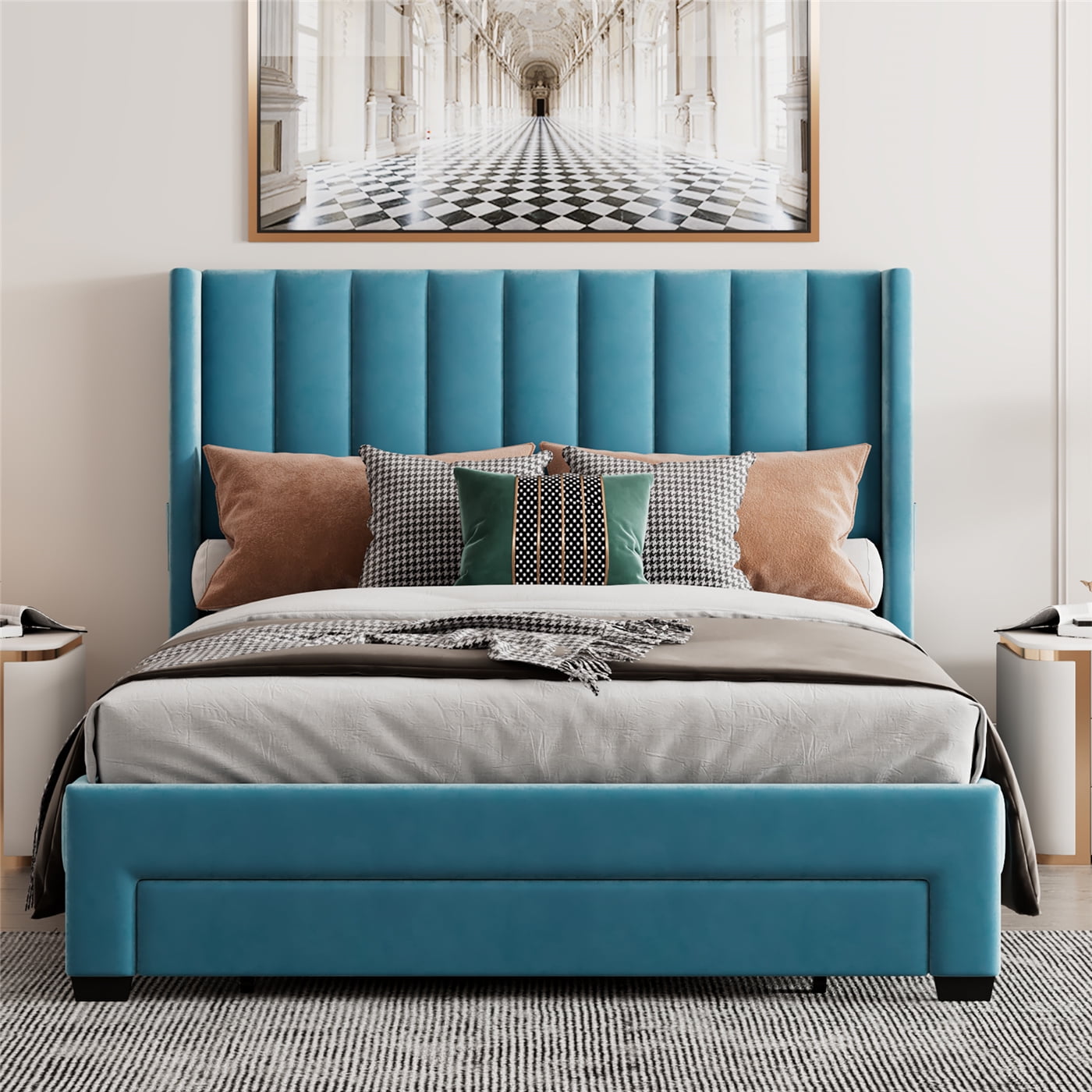 Queen Size Storage Bed, Velvet Upholstered Platform Bed with a Big ...