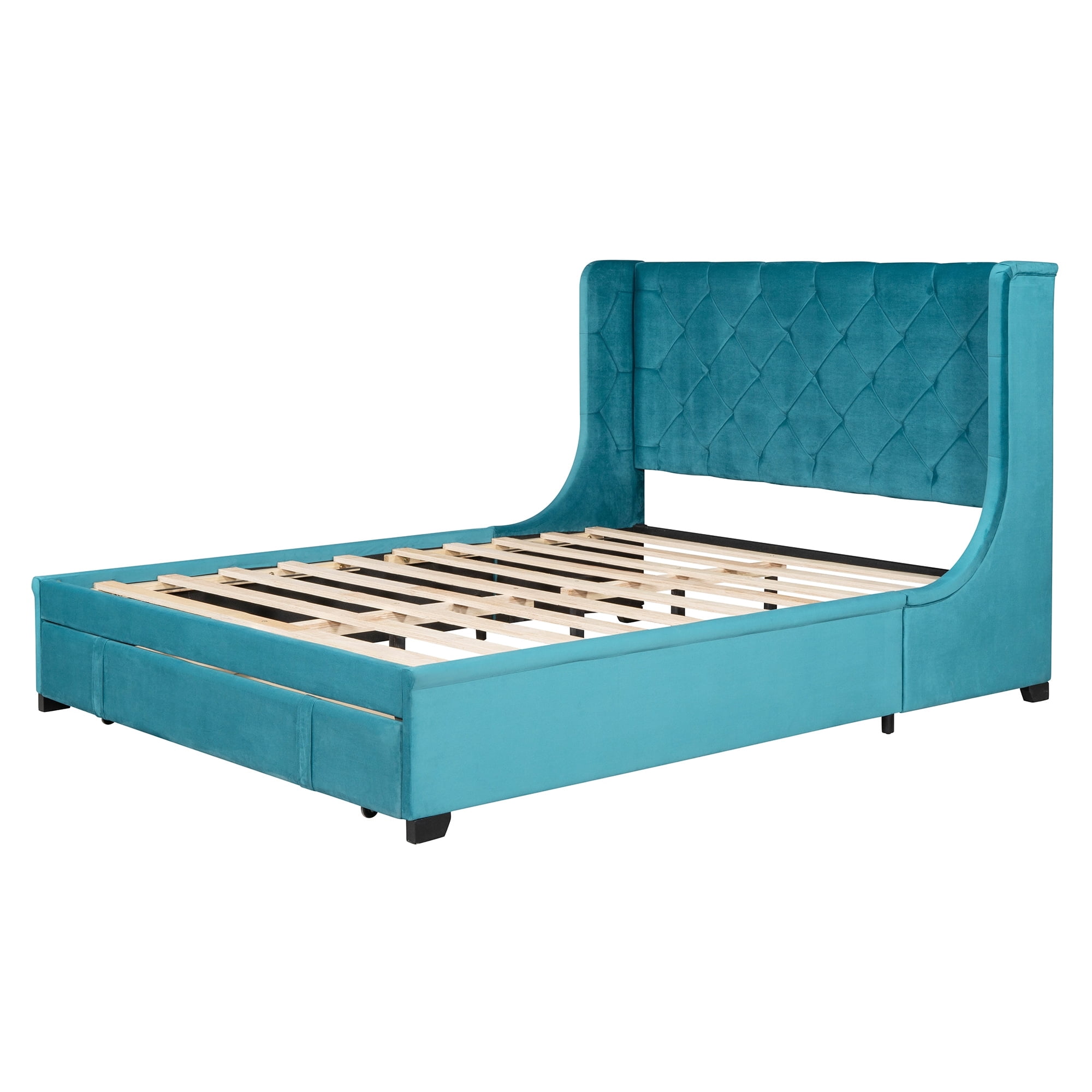 Queen Size Storage Bed Velvet Upholstered Platform Bed with Wingback ...
