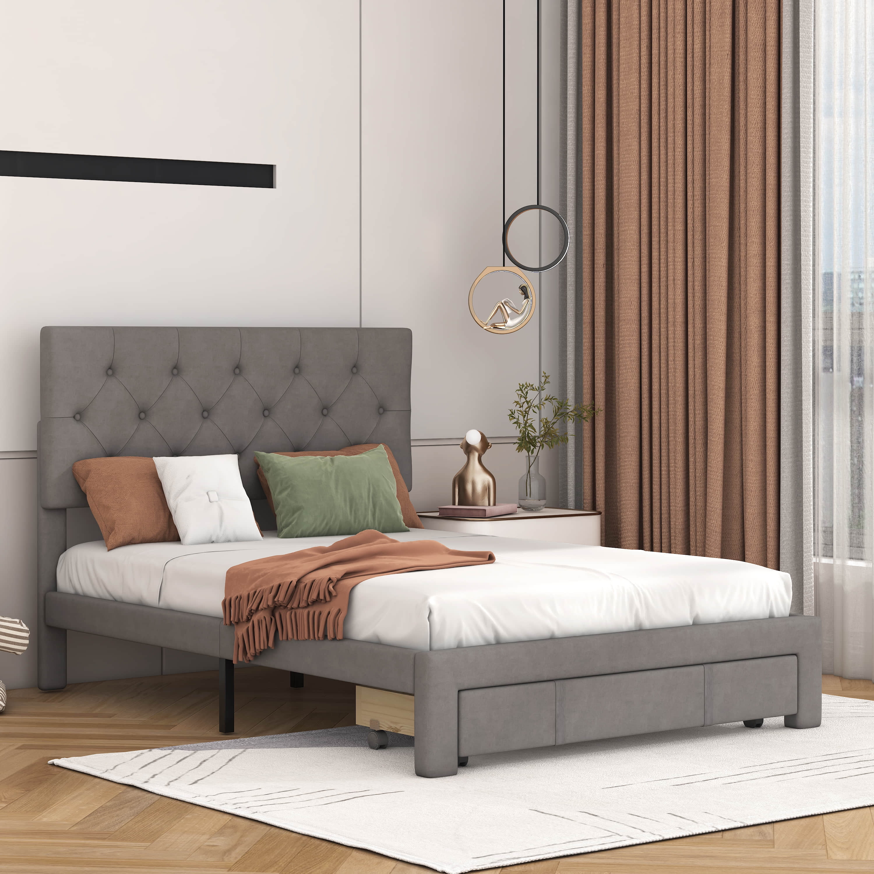 Queen Size Storage Bed Velvet Upholstered Platform Bed with Wingback ...