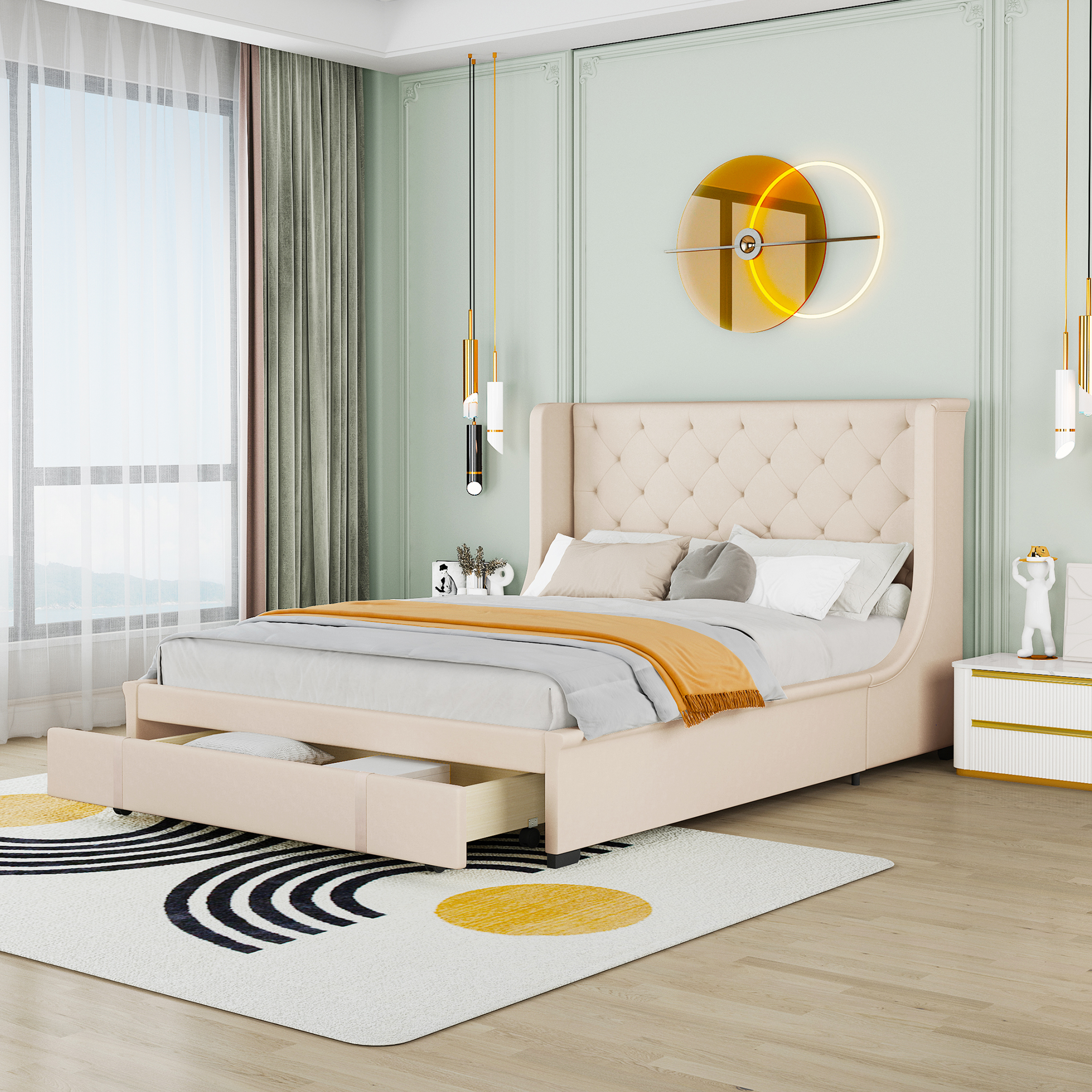 Queen Size Storage Bed Velvet Upholstered Platform Bed with Wingback ...