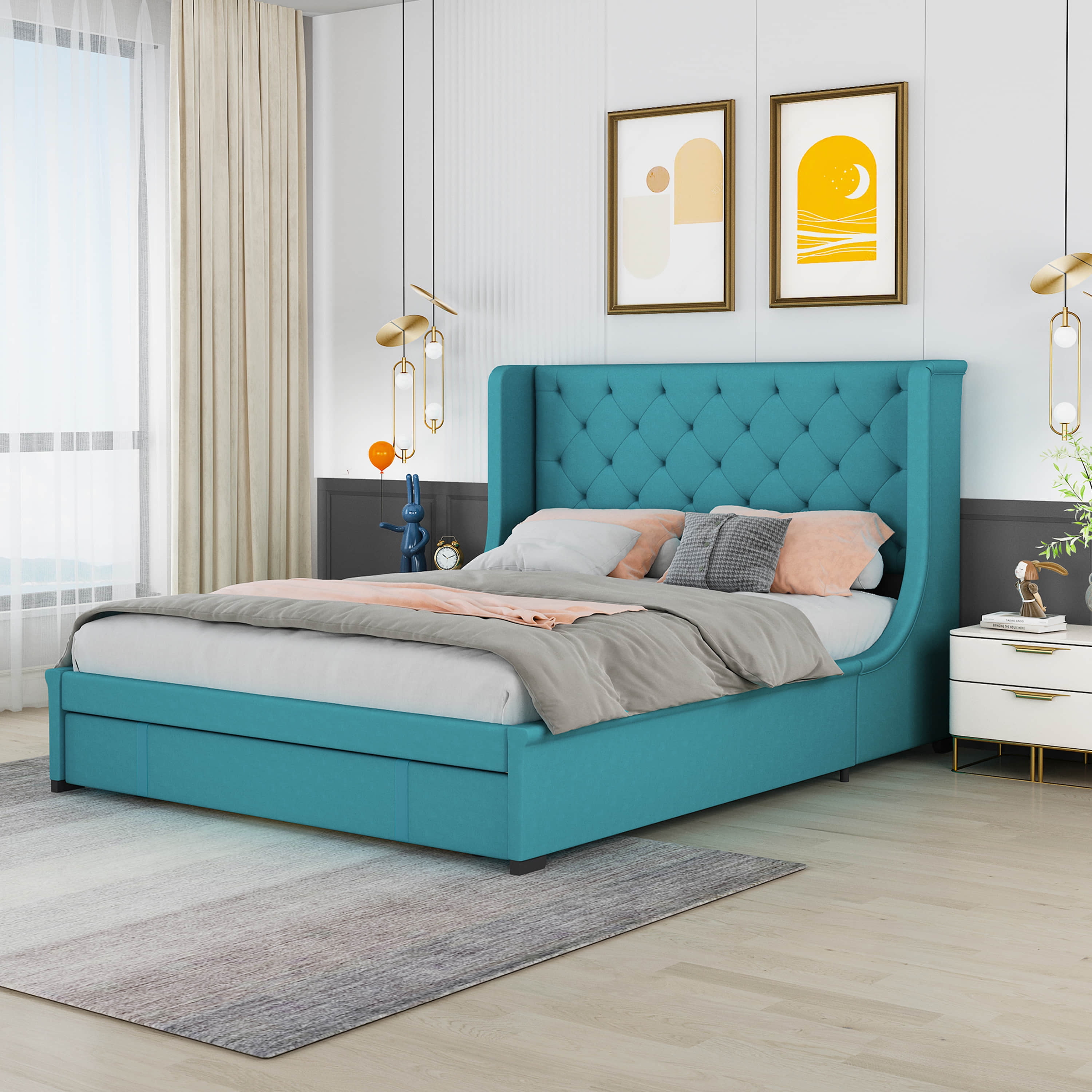 Queen Size Storage Bed Velvet Upholstered Platform Bed with Wingback ...