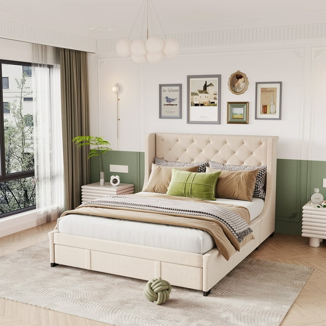 Queen Size Storage Bed Velvet Upholstered Platform Bed with Wingback ...