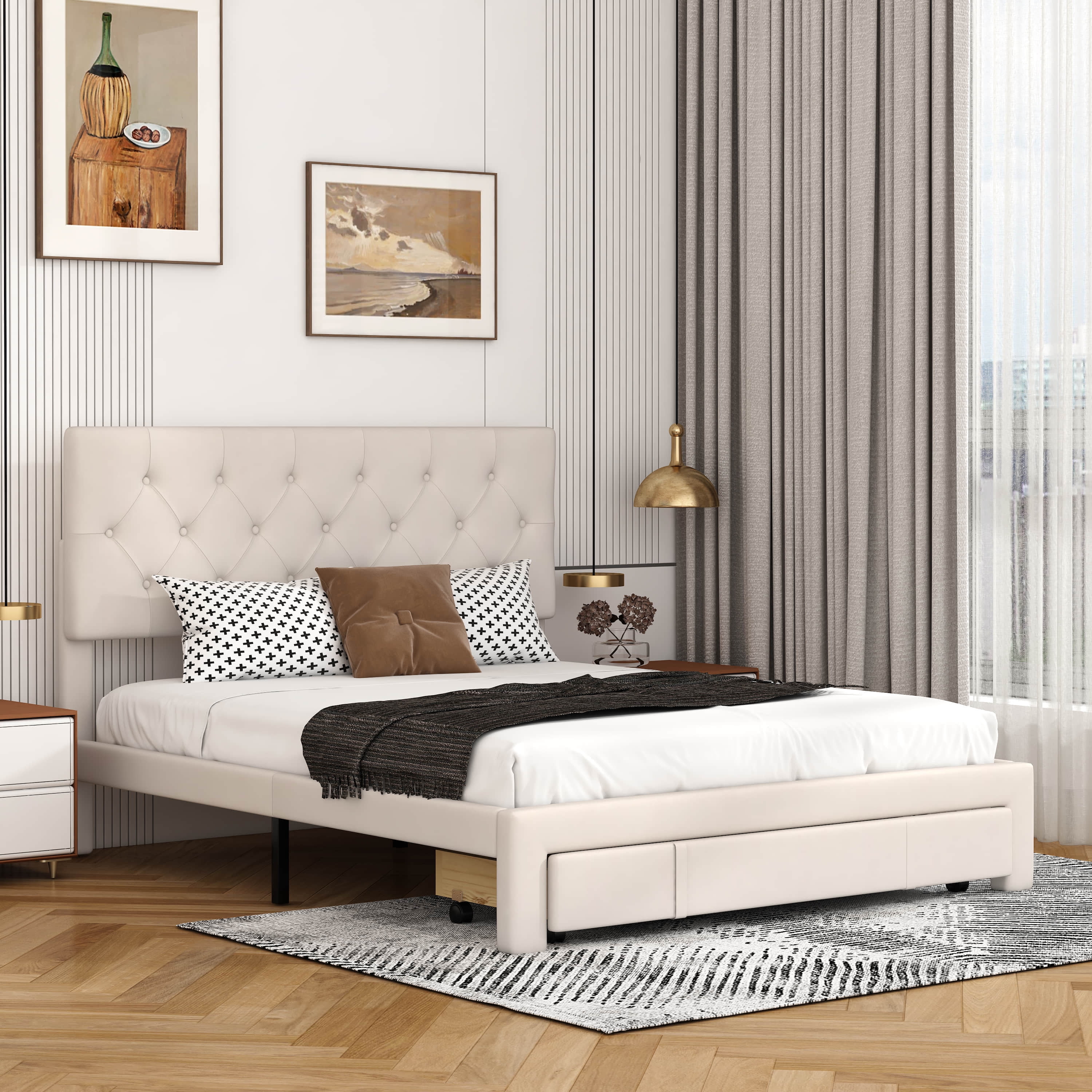 Queen Size Storage Bed Velvet Upholstered Platform Bed with Wingback ...