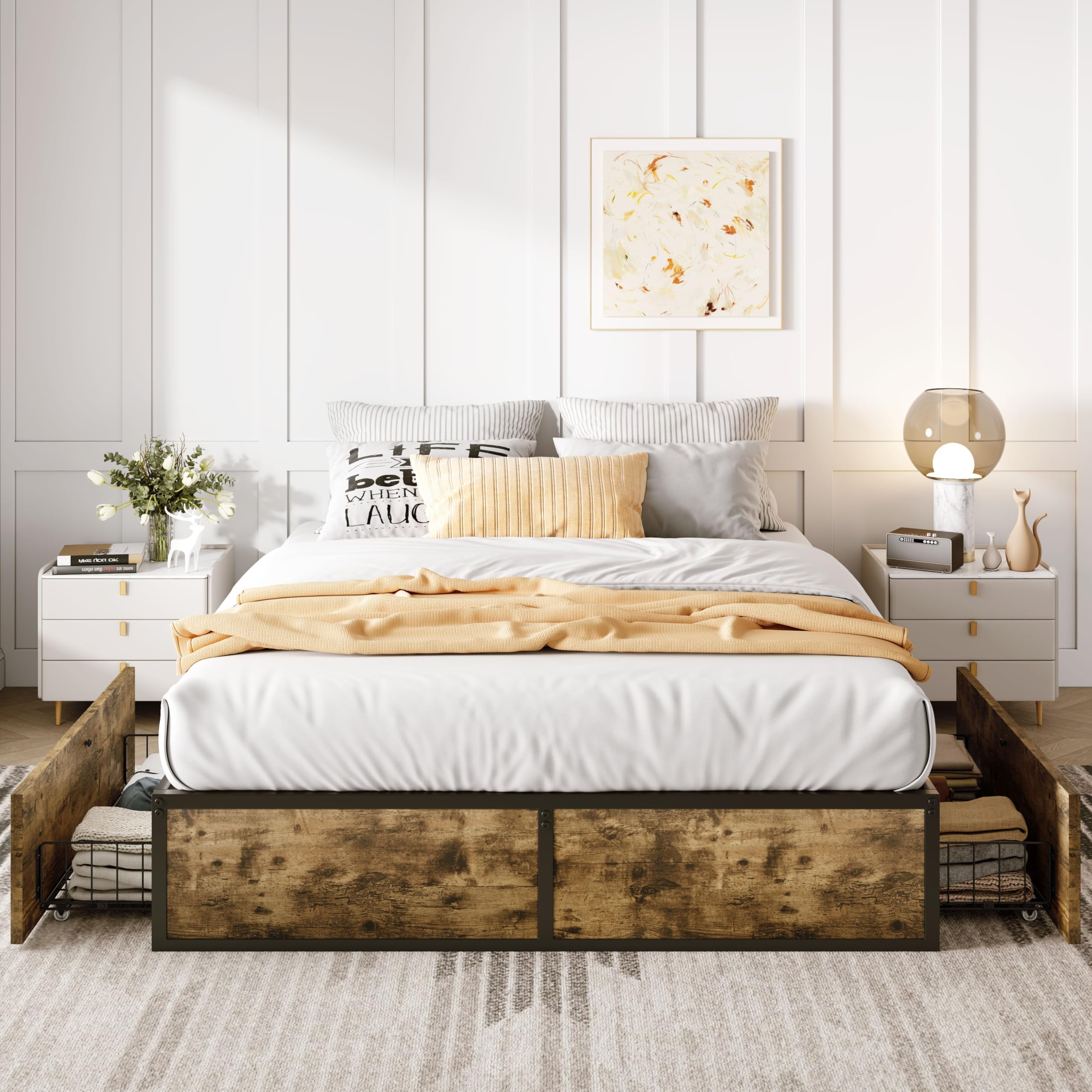 Queen Size Storage Platform Bed, 2 Smooth Rolling Drawers, Rustic Metal ...