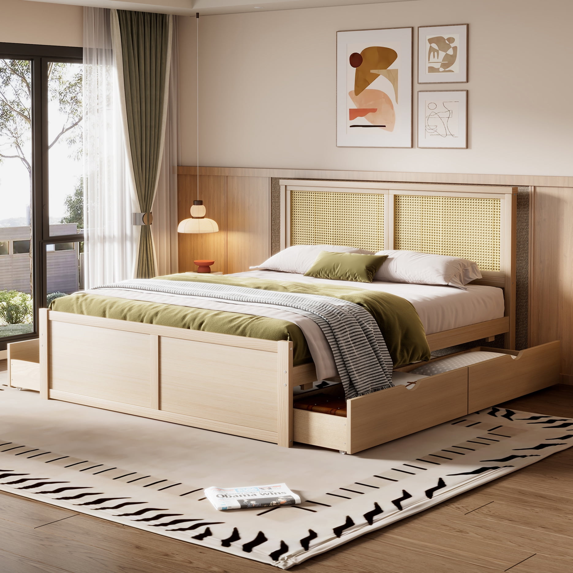 Queen Size Storage Platform Bed with 4 Drawers, Solid Wooden Slat ...