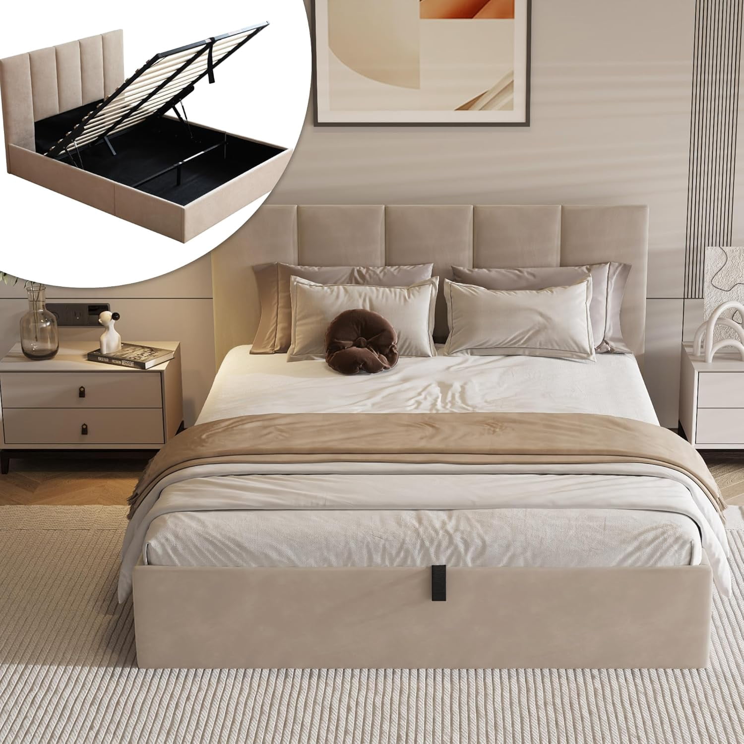 Queen Size Upholstered Bed with 4 Storage Drawers Soft Platform Bed ...