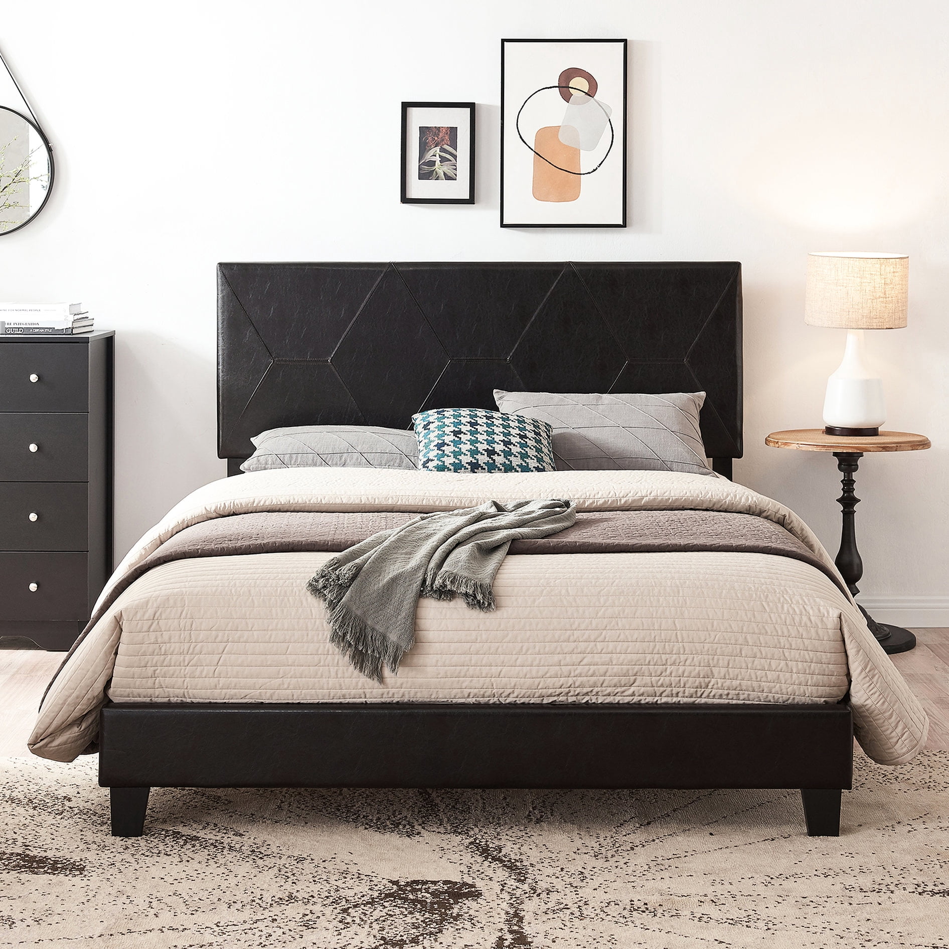 Queen Size Upholstered Bed - Black Pu, Wood Slat Foundation, Effortless ...
