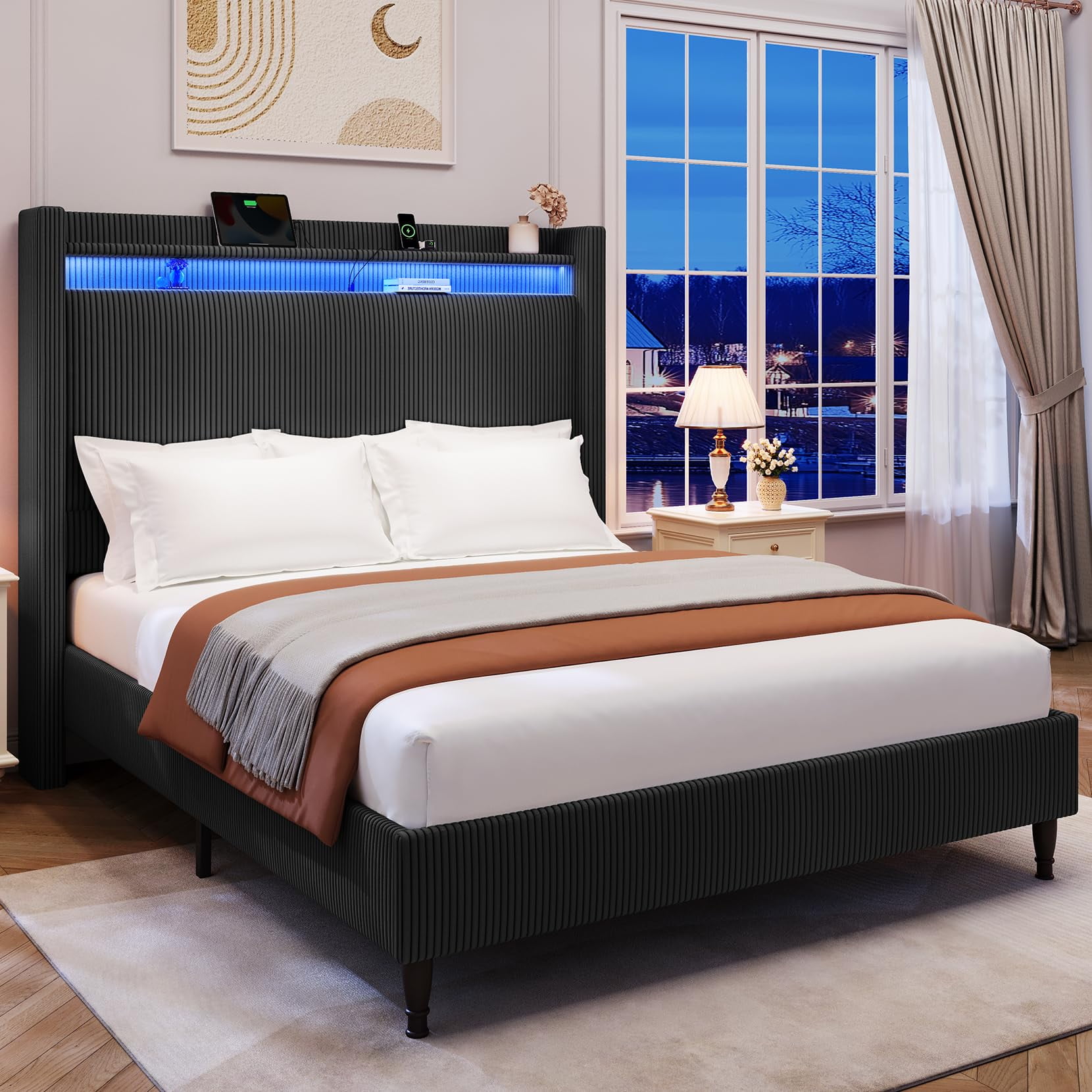 Queen Size Upholstered Bed Frame with 55.3" Tall Wingback Headboard ...