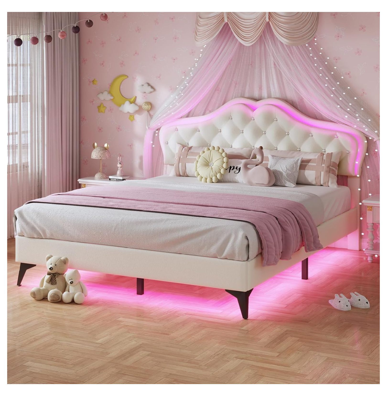 Queen Size Upholstered Bed Frame with LED Lights, Adjustable Headboard ...