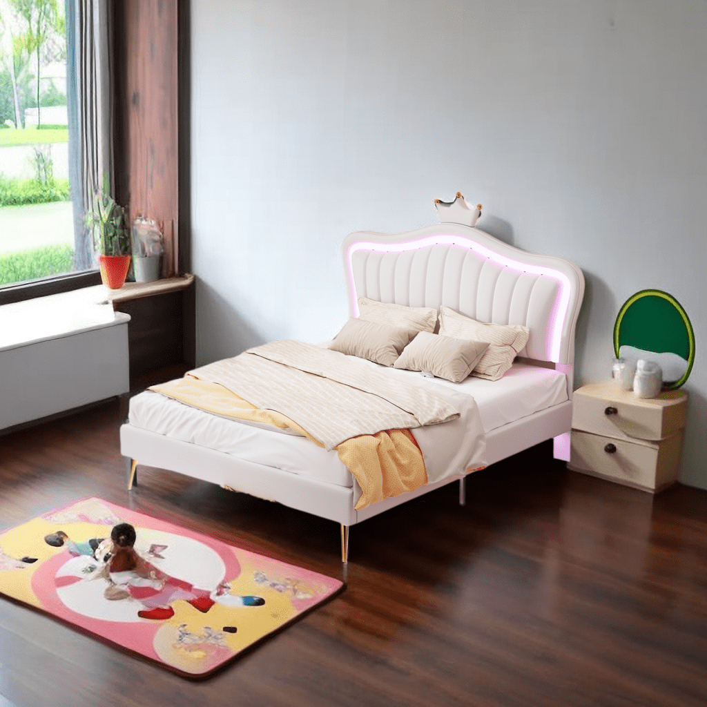 Queen Size Upholstered Bed Frame with LED Lights Modern Upholstered ...