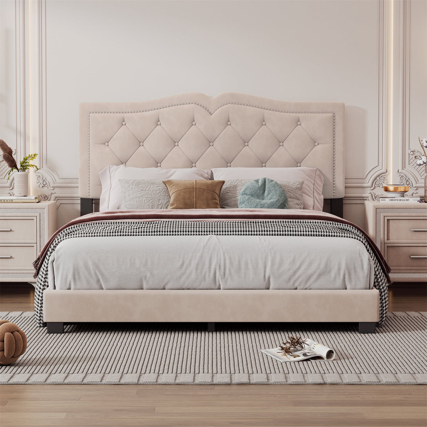 Queen Size Upholstered Bed Frame with Rivet Design, Modern Velvet ...
