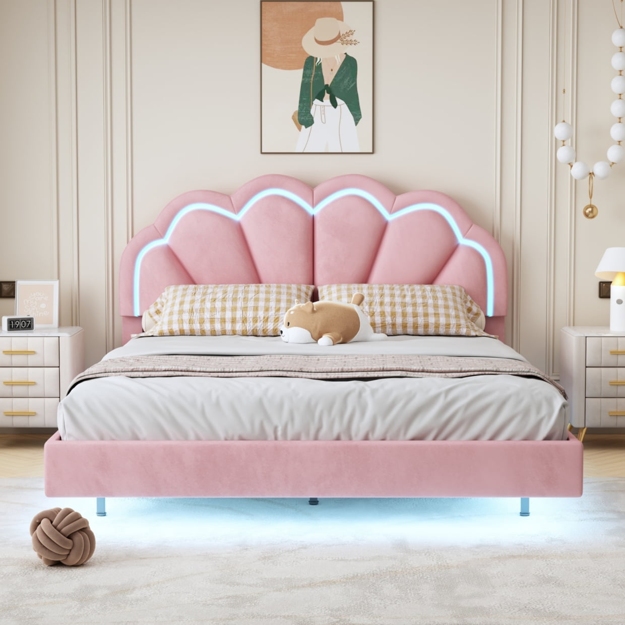 Queen Size Upholstered Bed Frame with Smart LED Lights, Floating Velvet ...