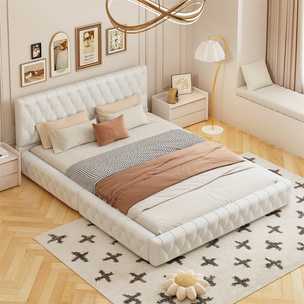 Queen Size Upholstered Bed Frame With Tufted Headboard, Platform Bed ...