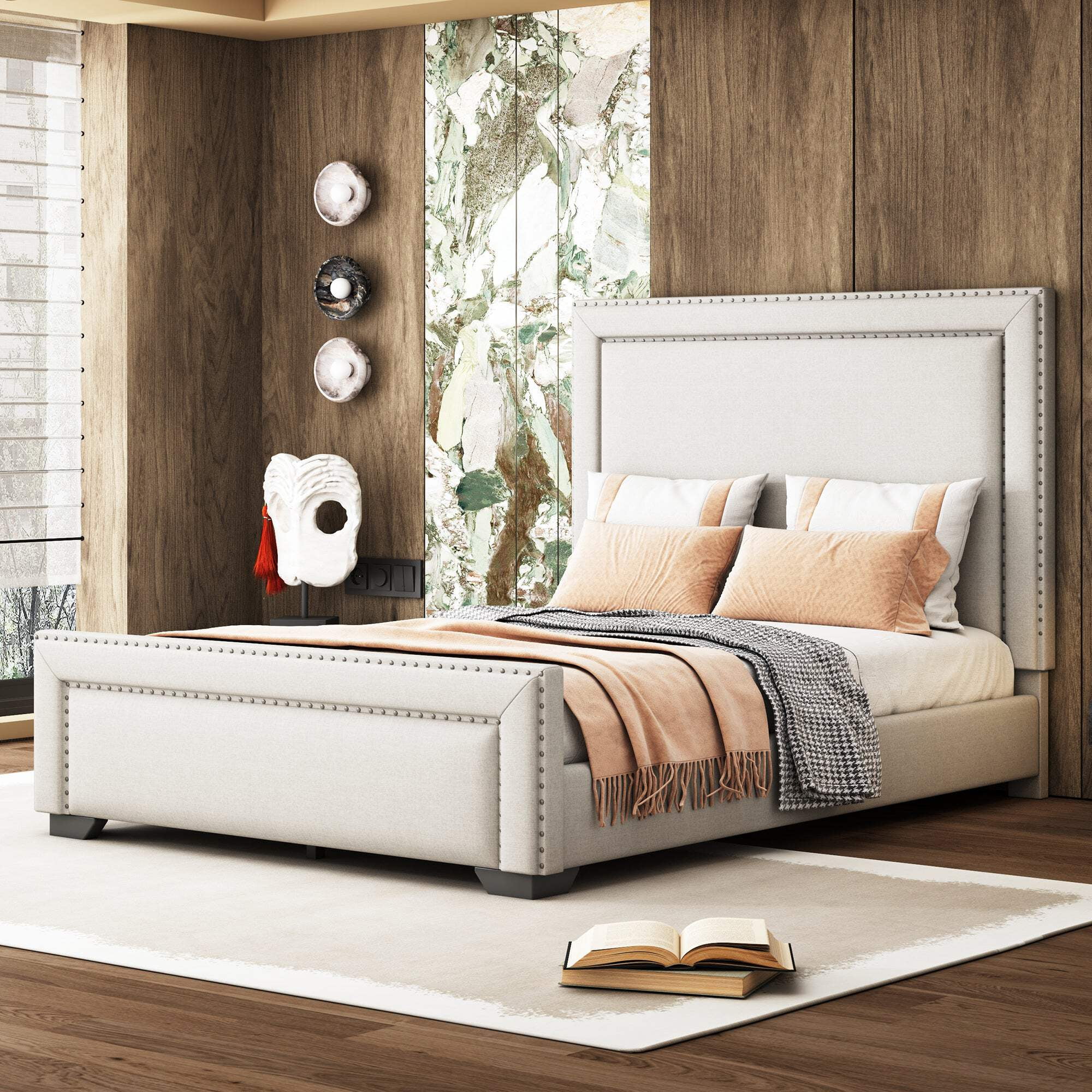 Queen Size Upholstered Bed ,Modern Upholstered Bed With Wooden Slats ...