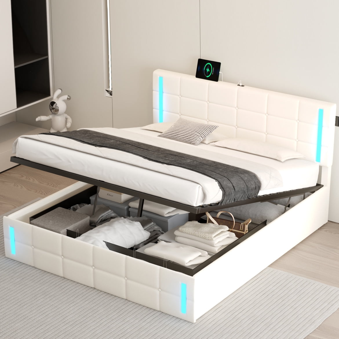 Queen Size Upholstered Bed, Storage Bed with LED Lights, Hydraulic ...