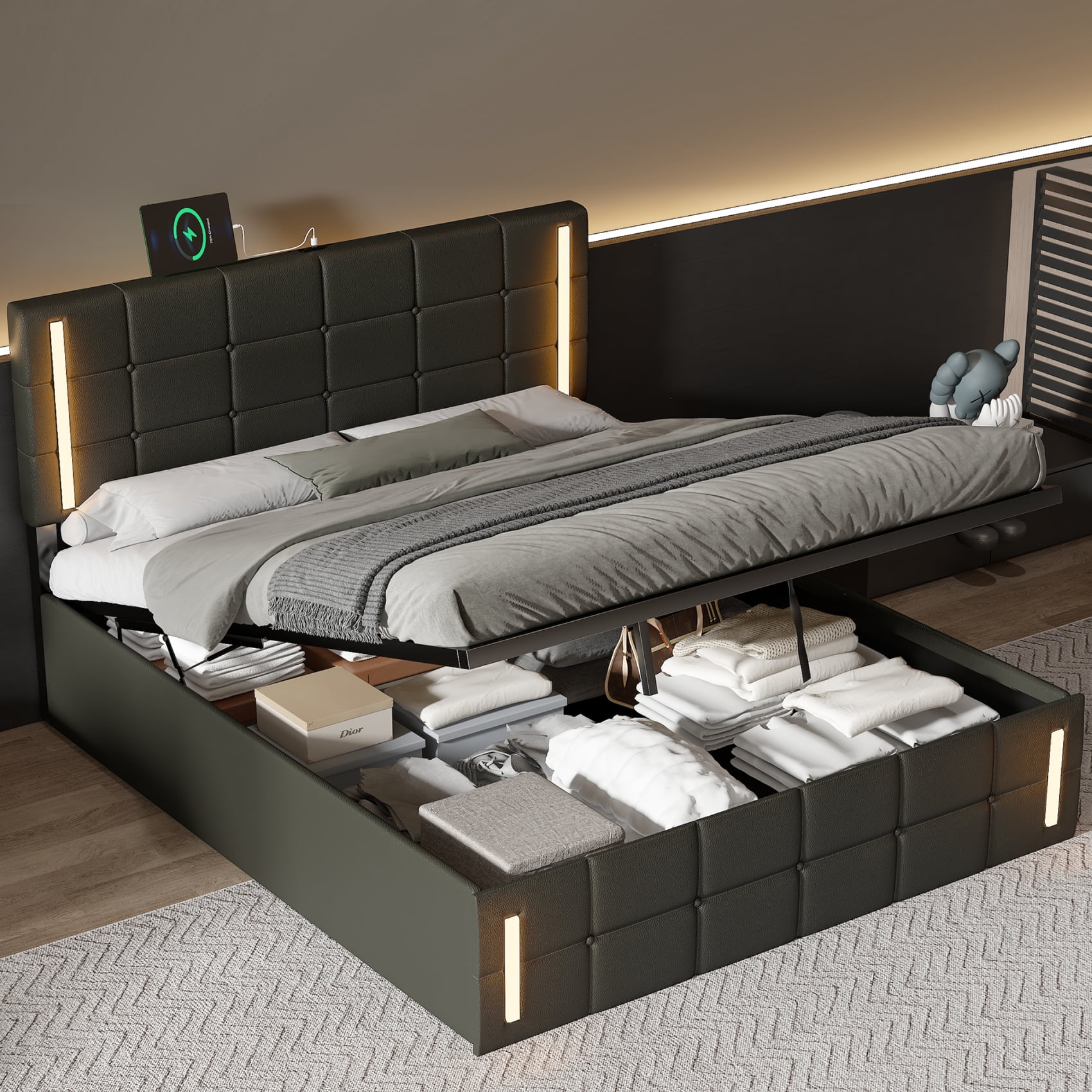 Queen Size Upholstered Bed, Storage Bed with LED Lights, Hydraulic ...