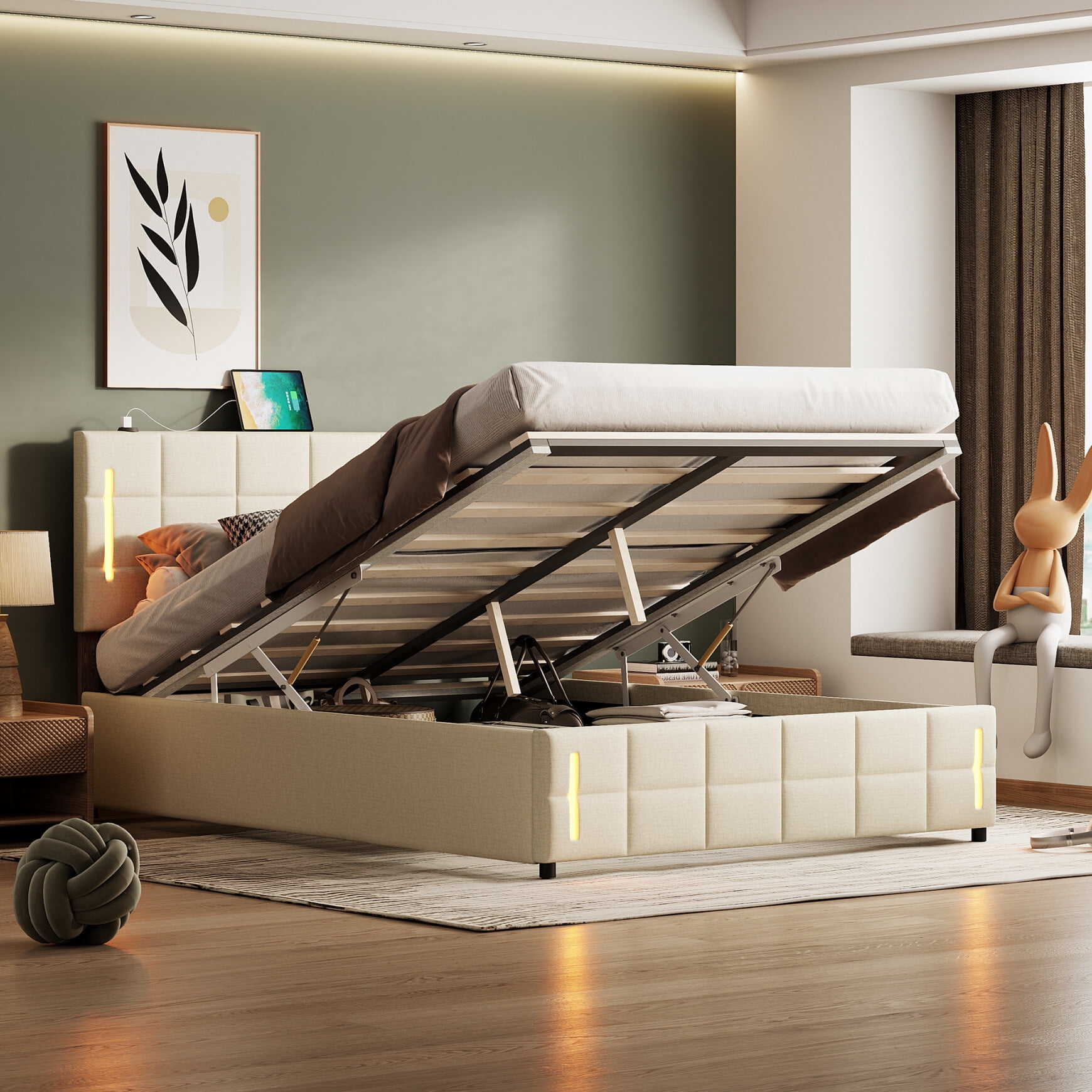 Queen Size Upholstered Bed with Hydraulic Storage System for Kids Teens ...