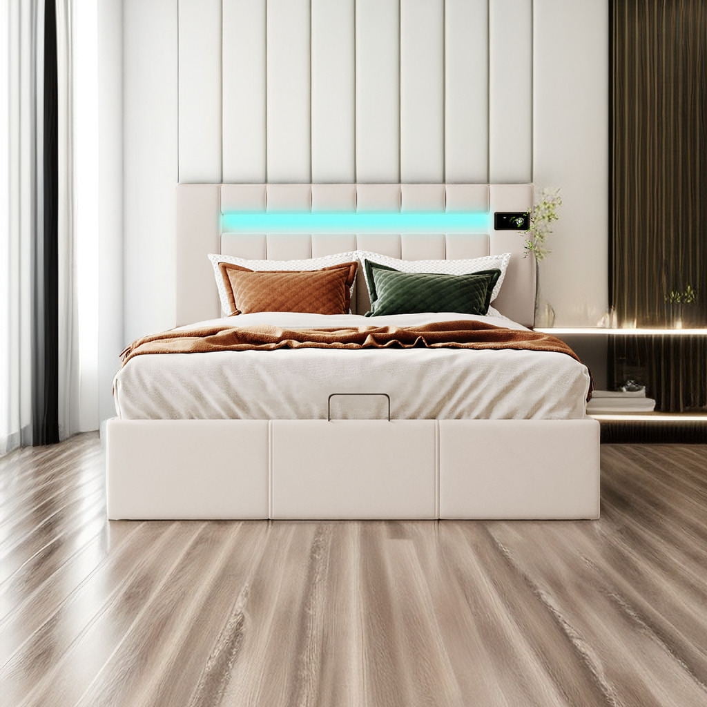 Queen Size Upholstered Bed with LED Light, Bluetooth Player and USB ...
