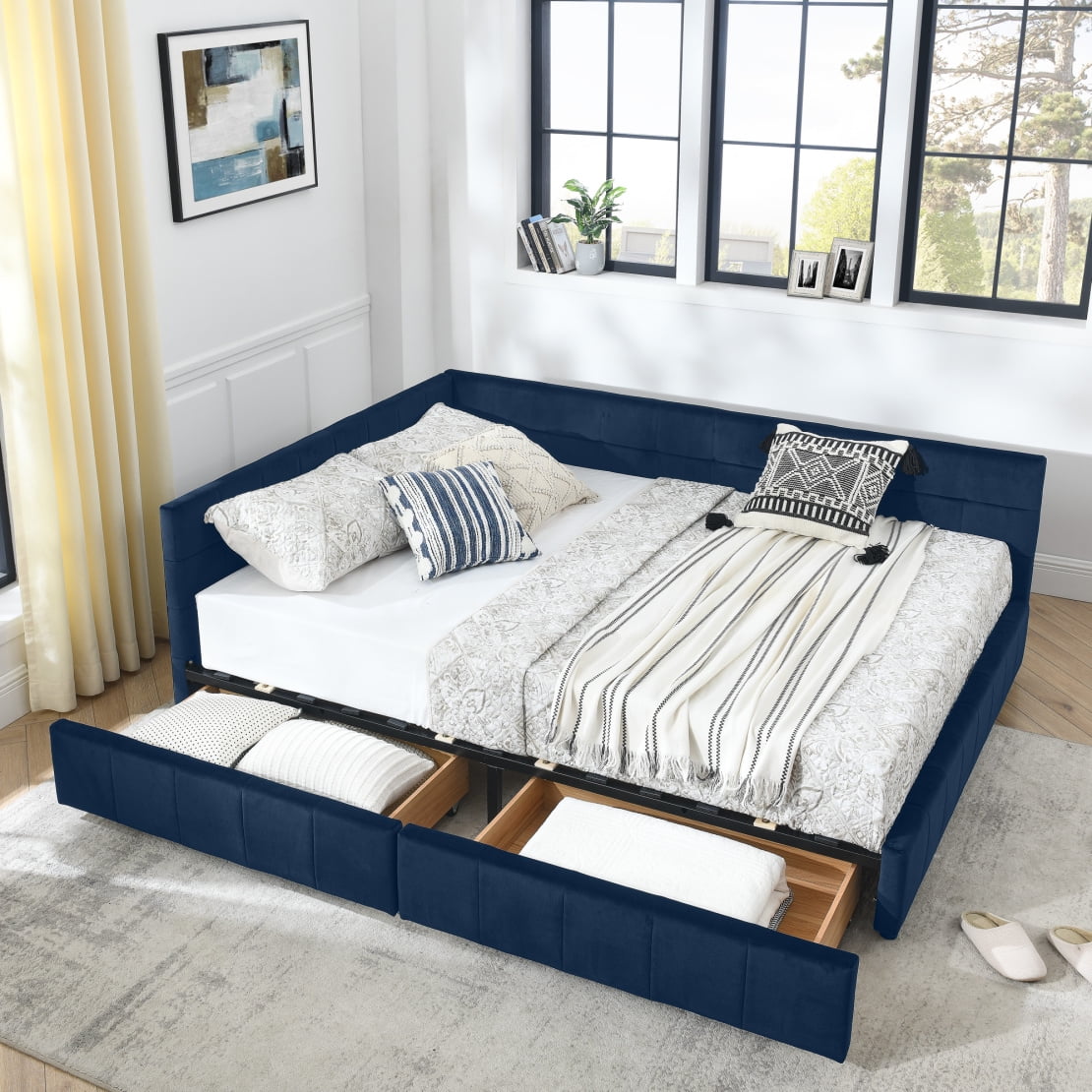 Queen Size Upholstered Daybed with 2 Storage Drawers, Velvet L Shaped ...