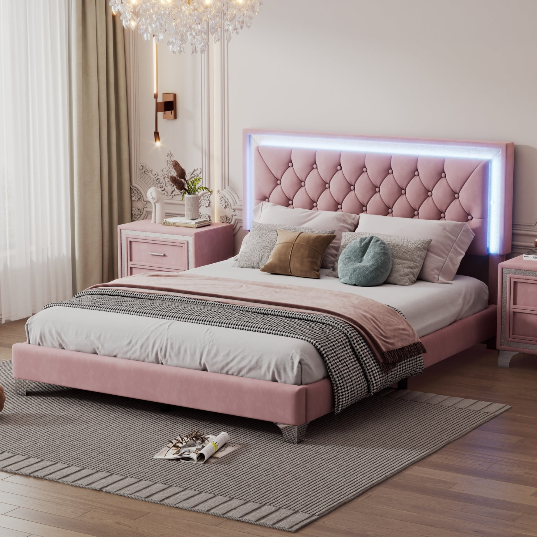 Queen Size Upholstered Daybed Frame with LED Lights, Modern Velvet ...