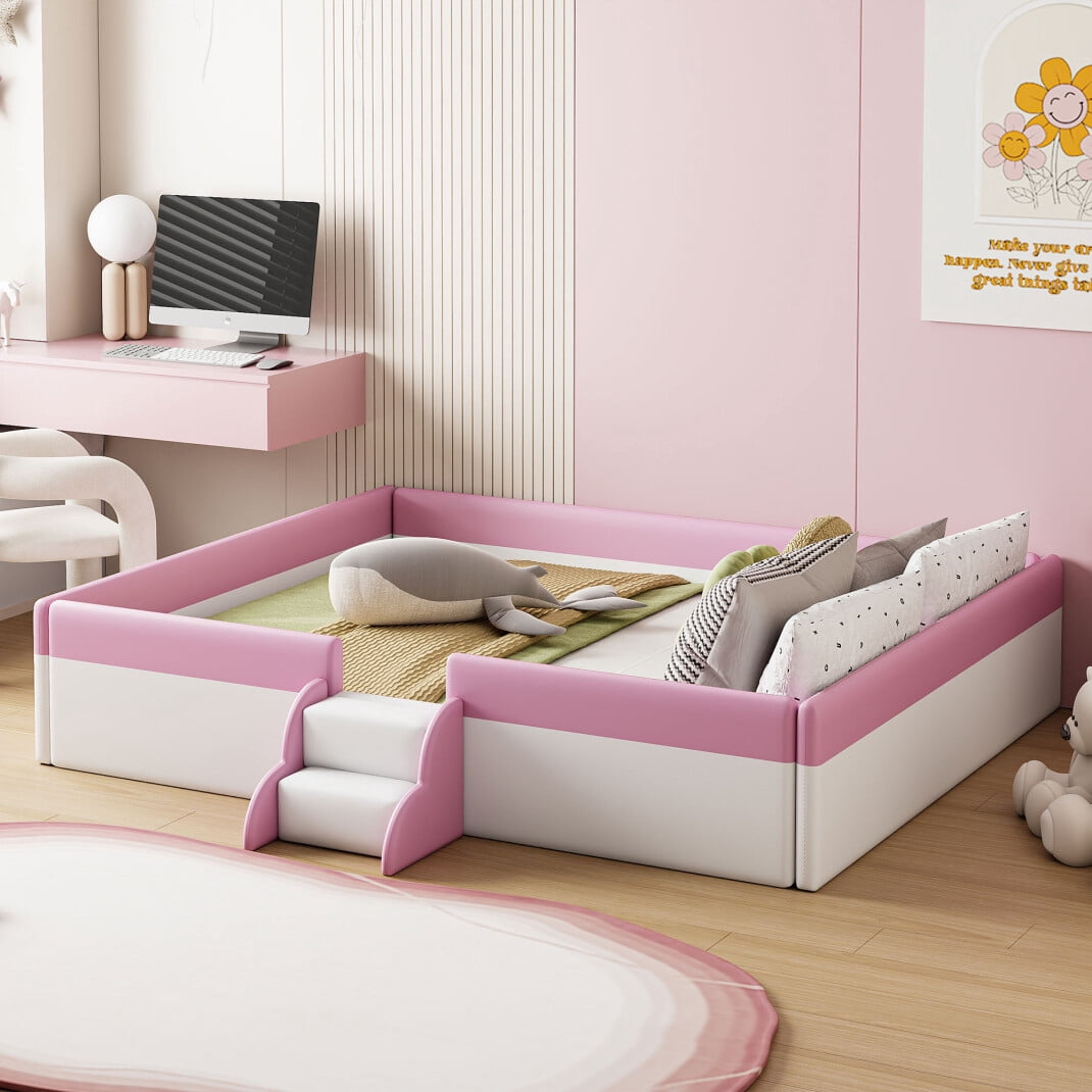 Queen Size Upholstered Daybed with Safety Fence & Stairs, Montessori ...