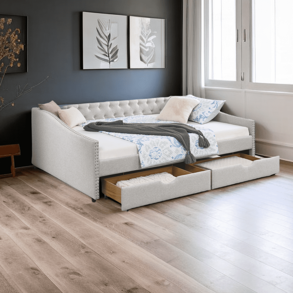 Queen Size Upholstered Daybed with Two Drawers,Button Tufted Sofa Bed ...