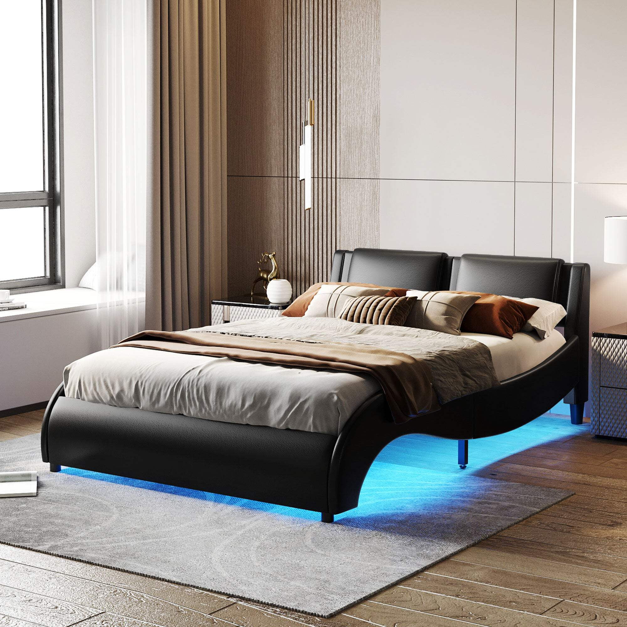 Queen Size Upholstered Faux Leather Platform Bed With Led Light Bed ...