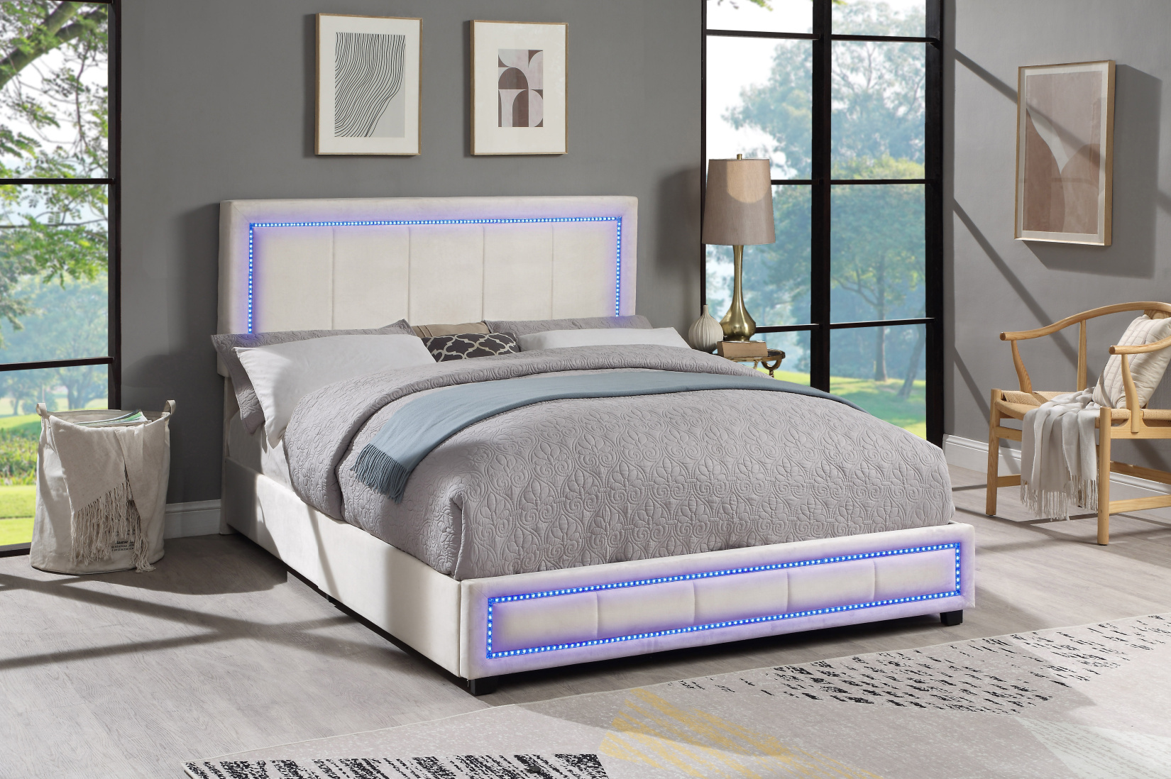 Queen Size Upholstered Flannel Platform Bed with LED Lights and 4 ...