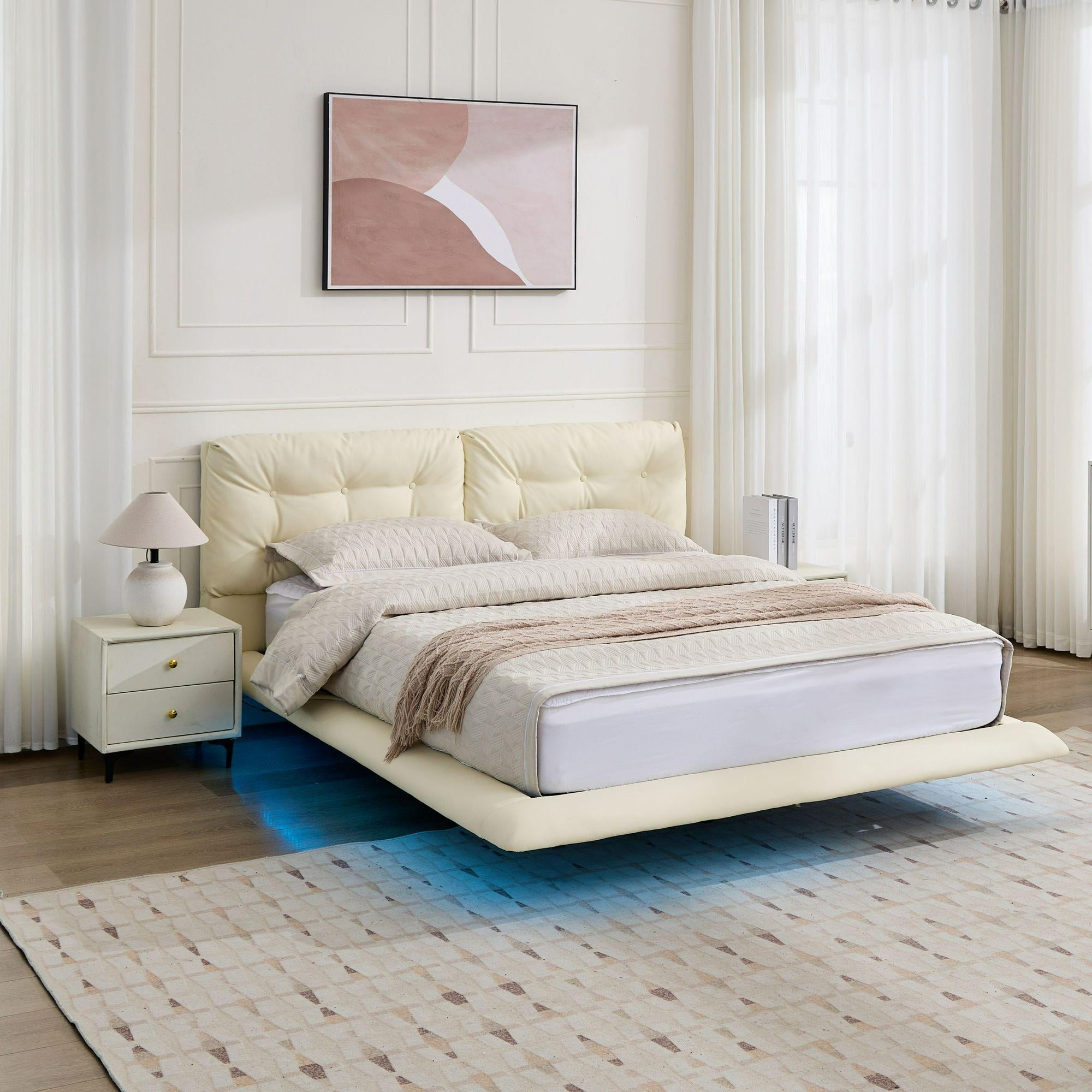 Queen Size Upholstered Floating Bed Frame with LED Lights, Pu Leather ...