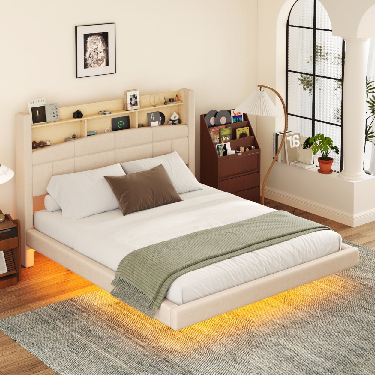 Queen Size Upholstered Floating Platform Bed with LED and Storage ...