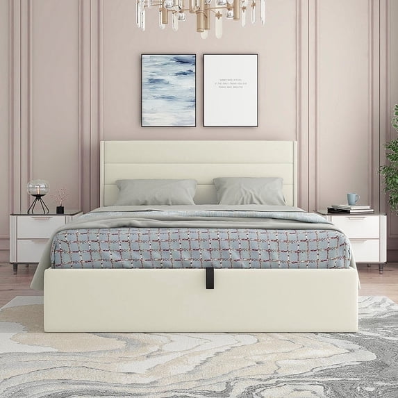 Queen Size Upholstered Hydraulic Lift Up Storage Platform Bed,Cream ...
