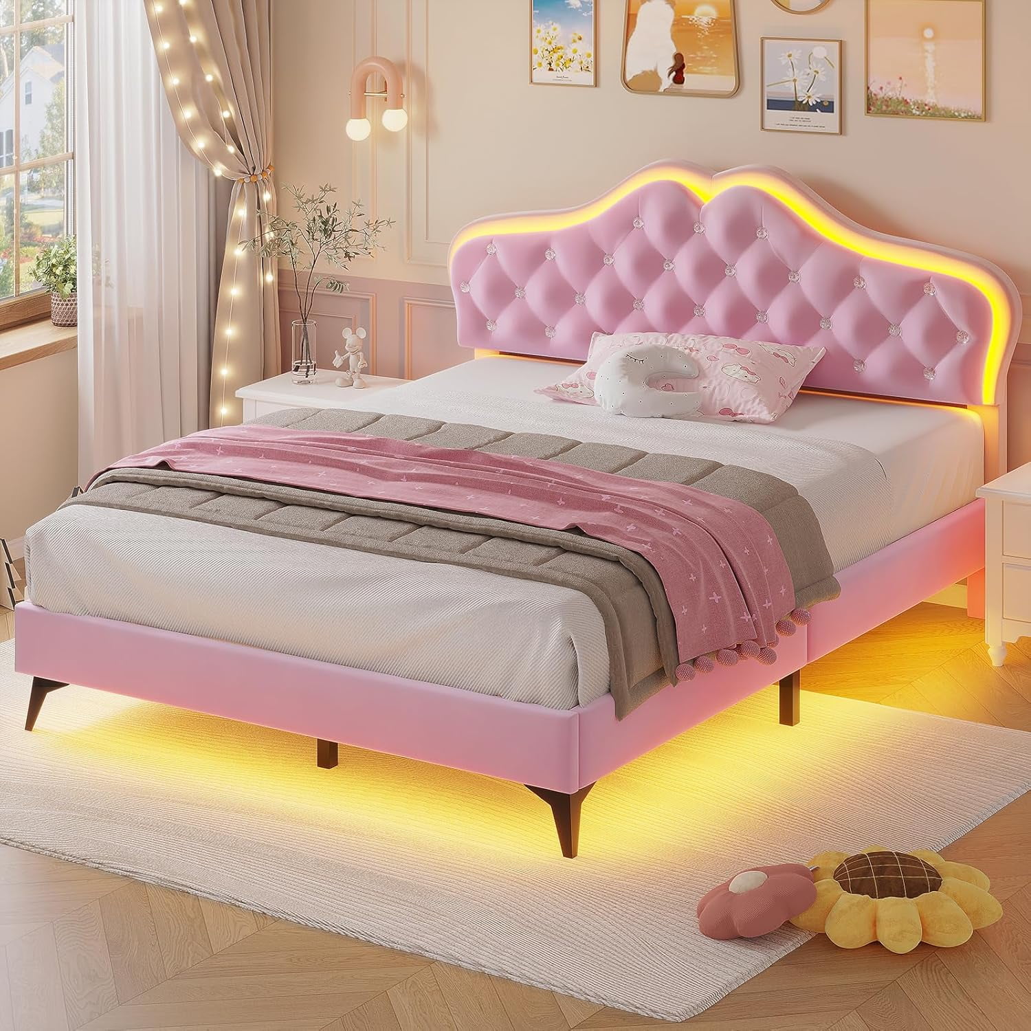 Queen Size Upholstered LED Bed Frame, Girls Bed with Adjustable Crystal ...