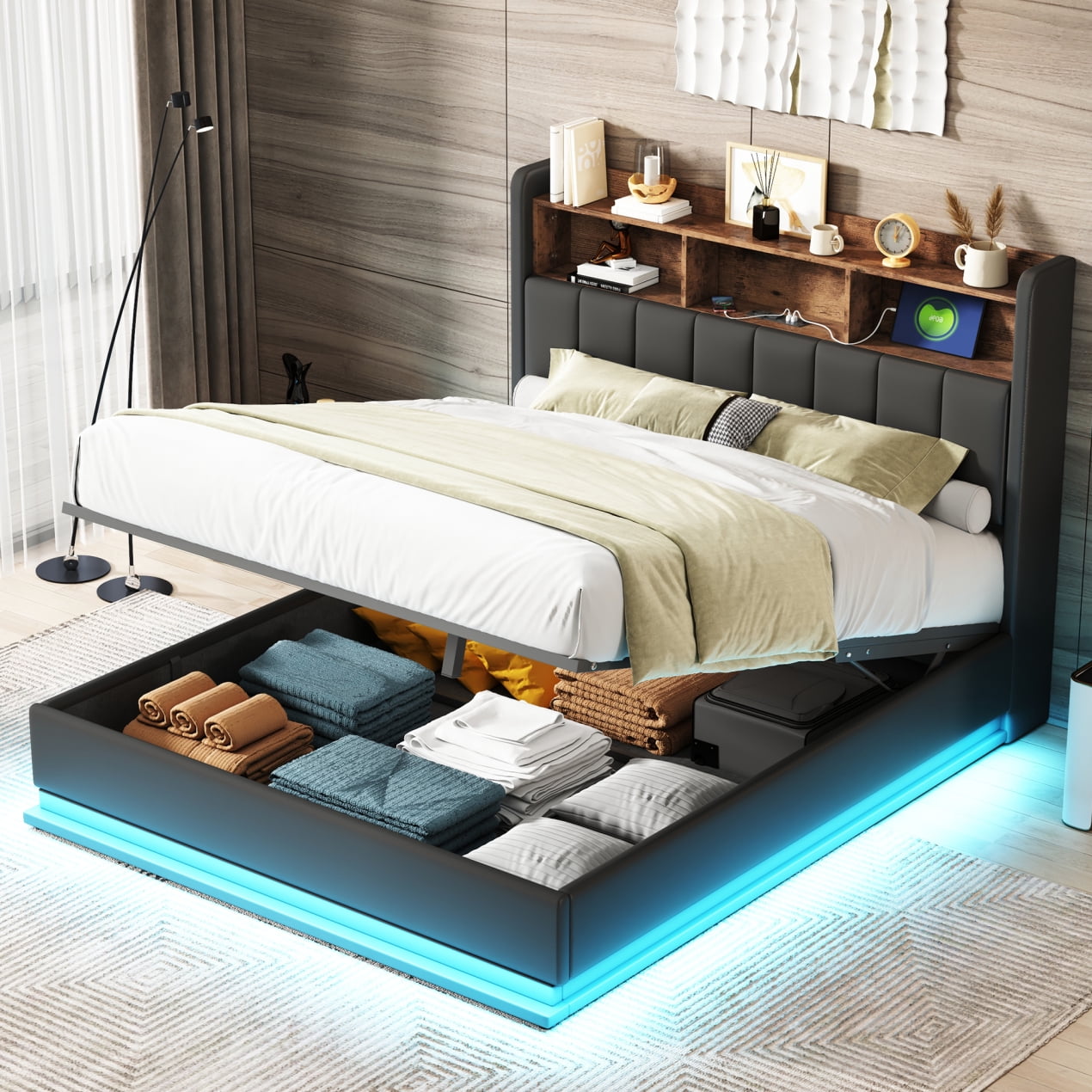 Queen Size Upholstered Platform Bed with 2-Tier Storage Headboard and ...