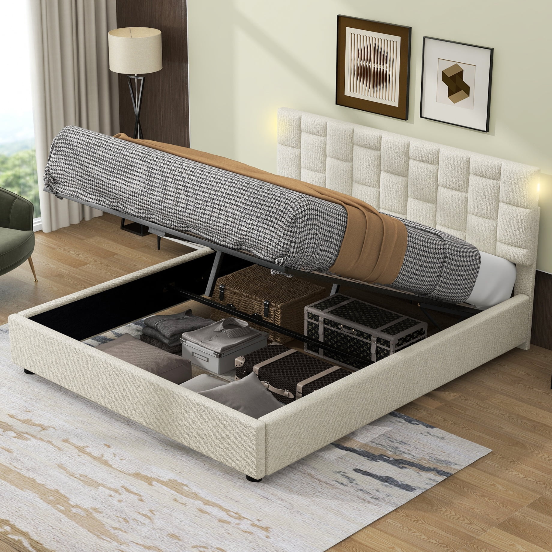 Queen Size Upholstered Platform Bed with Adjustable Headboard and Under ...