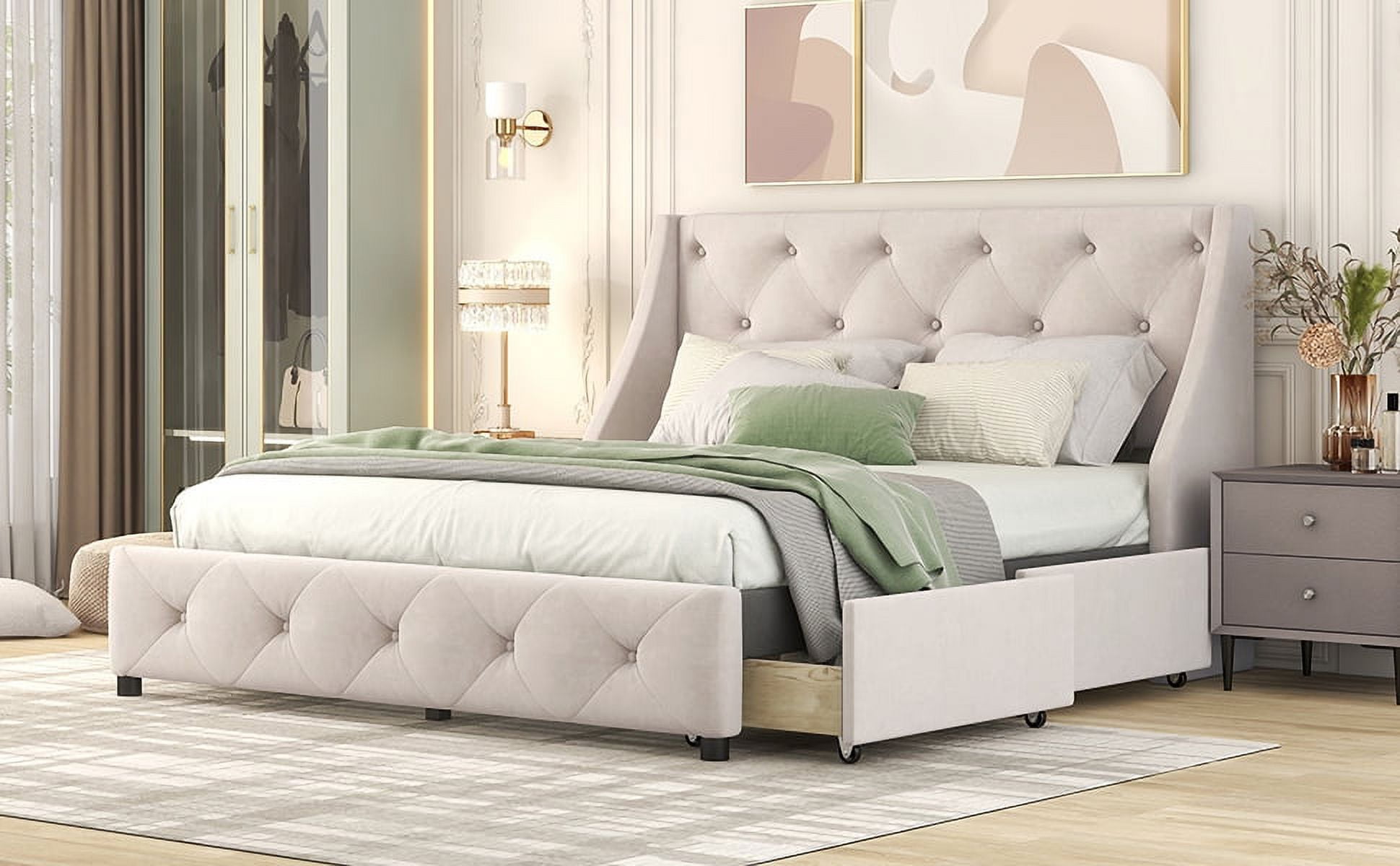 Queen Size Upholstered Platform Bed, Bed Frame with Wingback Headboard ...