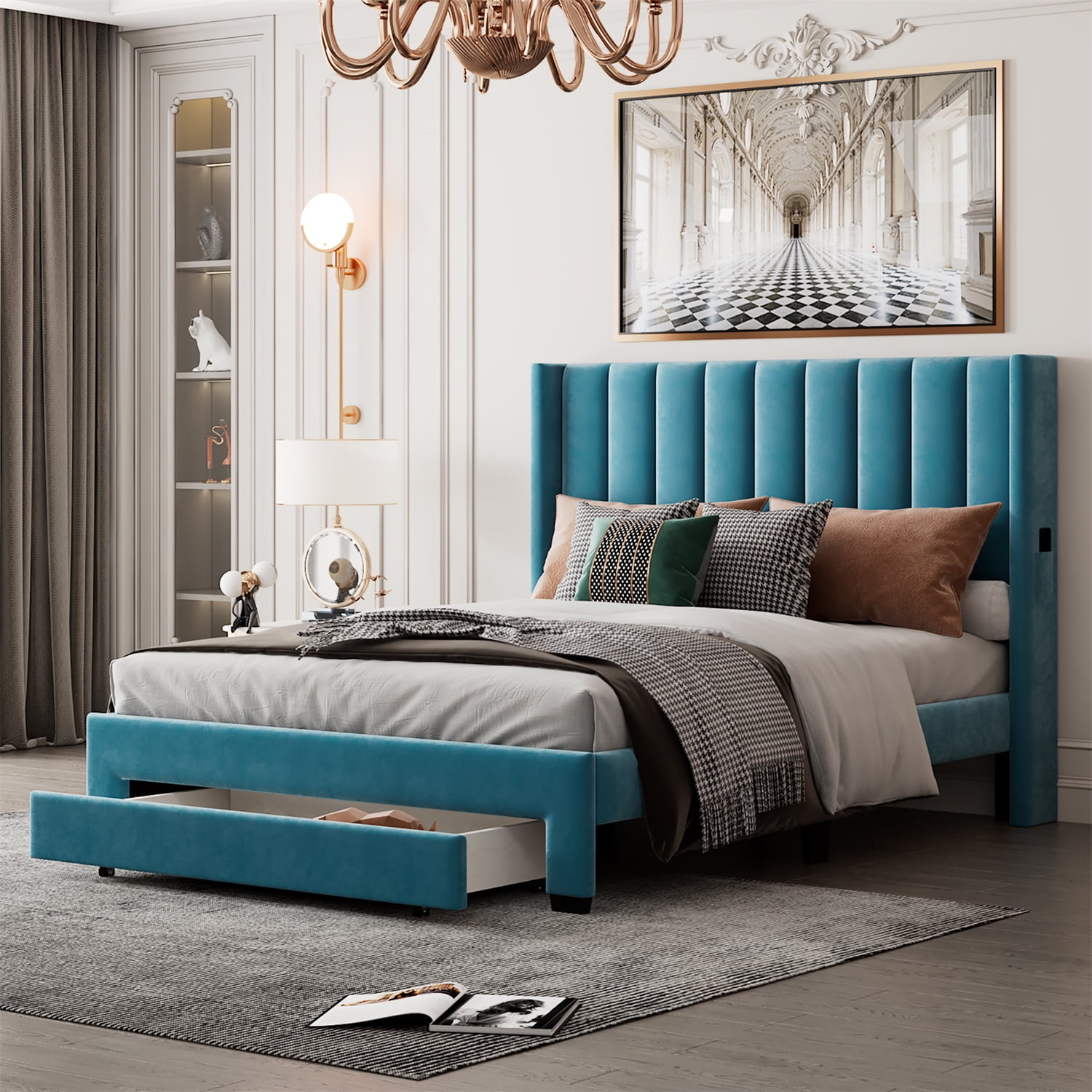 Queen Size Upholstered Platform Bed with a Big Drawer, Velvet ...