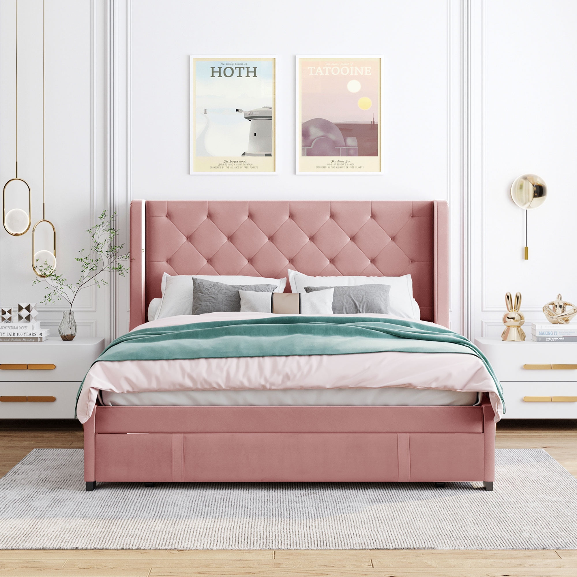 Queen Size Upholstered Platform Bed Frame with Wingback Headboard and a ...