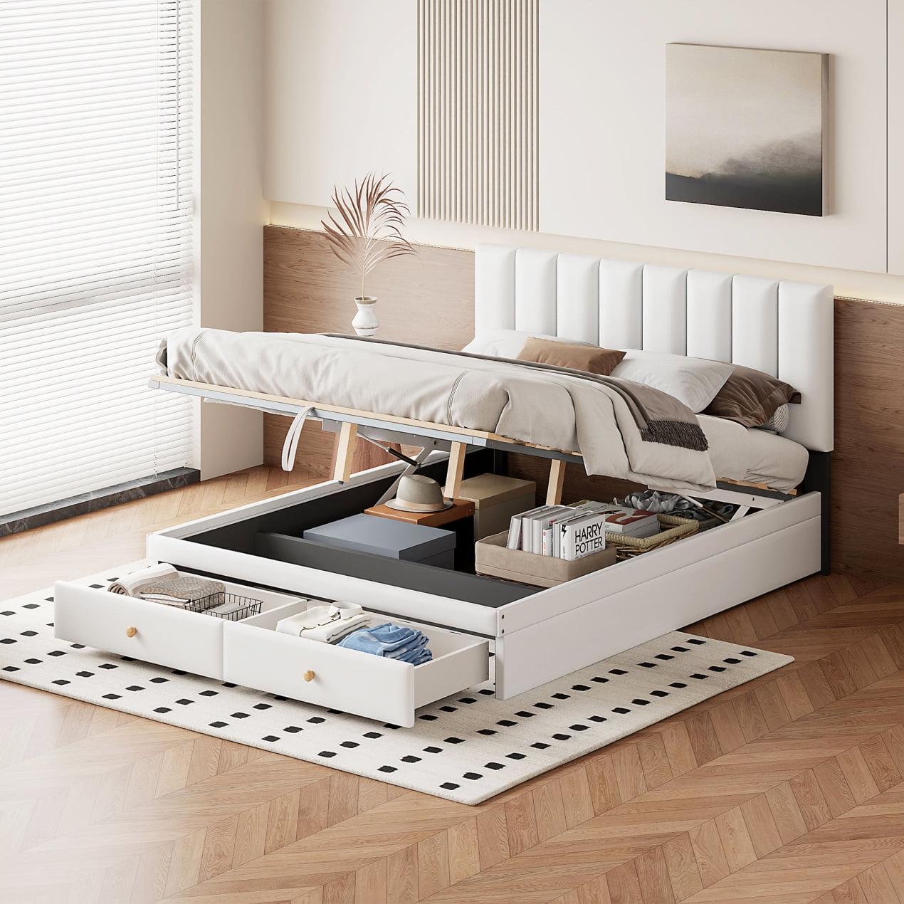 Queen Size Upholstered Platform Bed with Hydraulic Storage System and 2 ...
