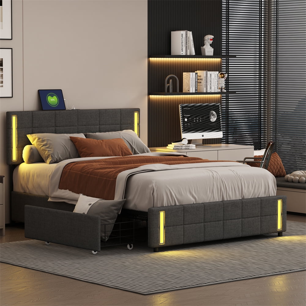 Queen Size Upholstered Platform Bed with LED Lights and USB Charging ...