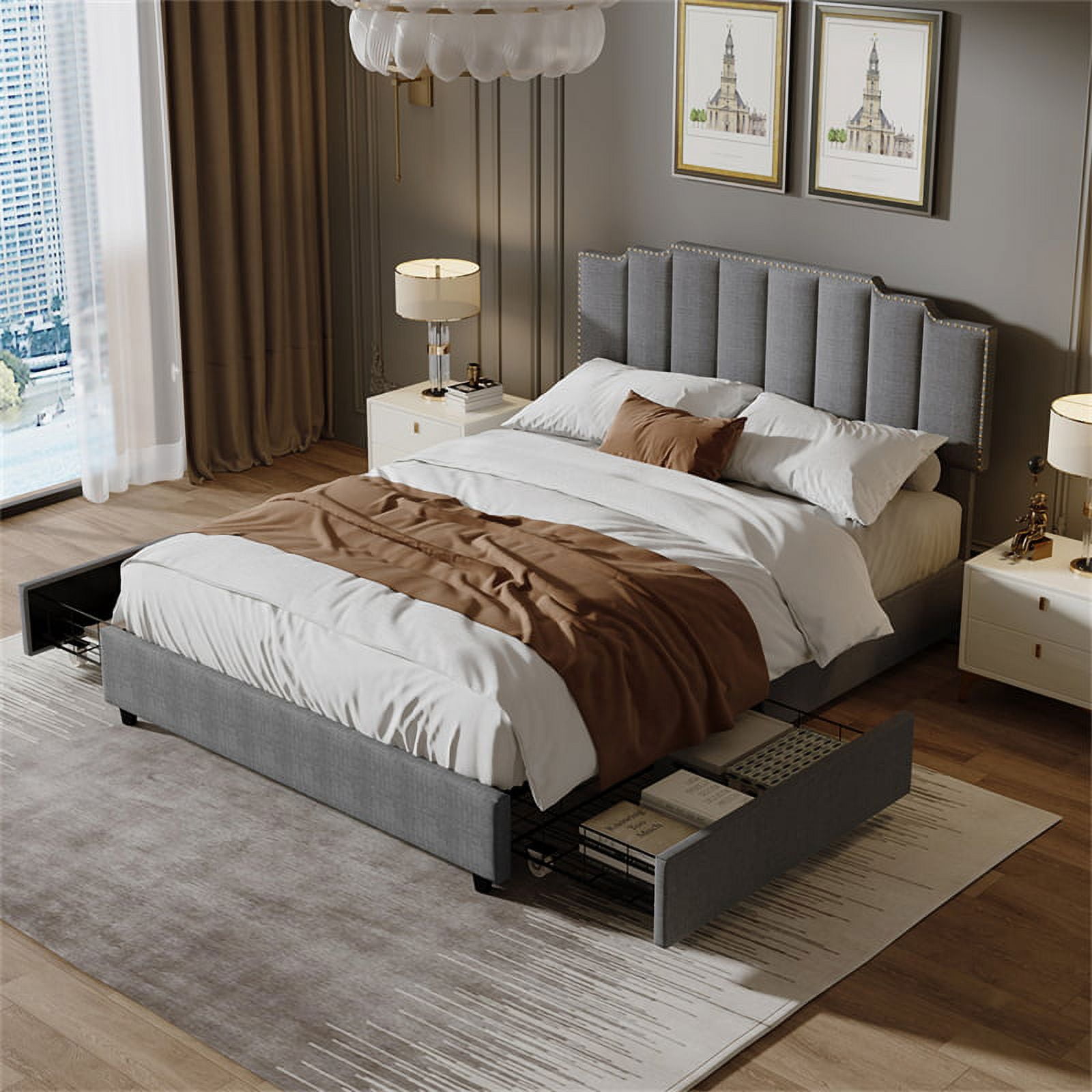 Queen Size Upholstered Platform Bed, Linen Bed Frame with 2 Drawers ...