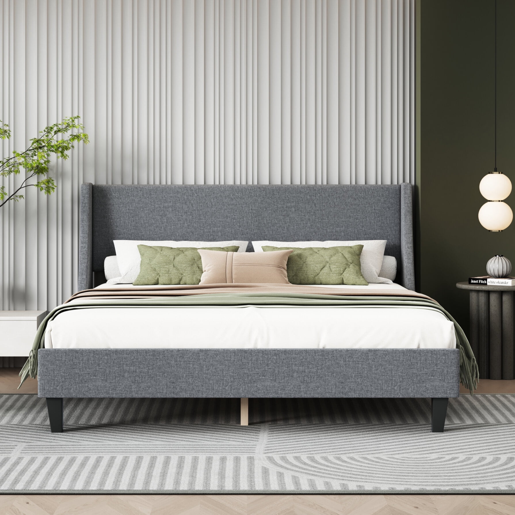 Queen Size Upholstered Platform Bed, Linen Fabric Platform Bed Frame ...