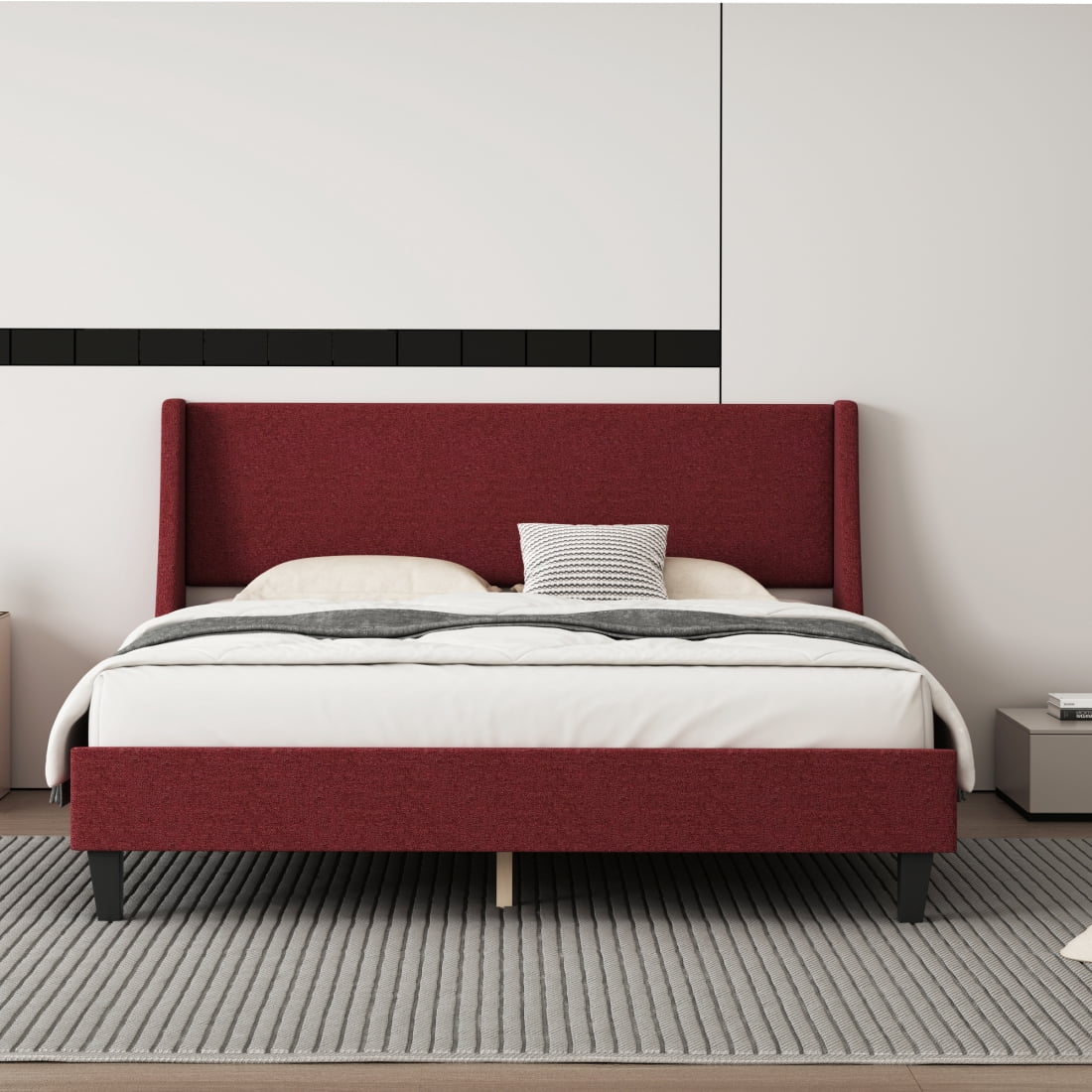 Queen Size Upholstered Platform Bed, Linen Fabric Platform Bed Frame ...