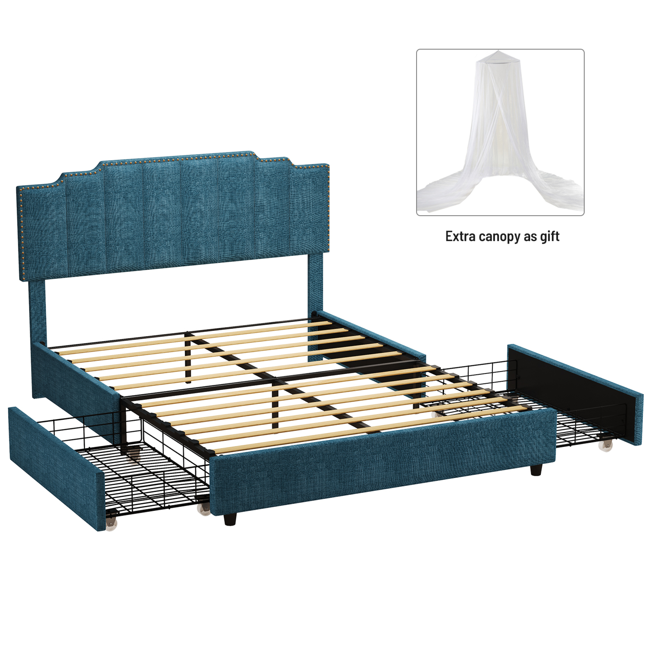 Queen Size Upholstered Platform Bed Linen Bed Frame with 2 Drawers ...