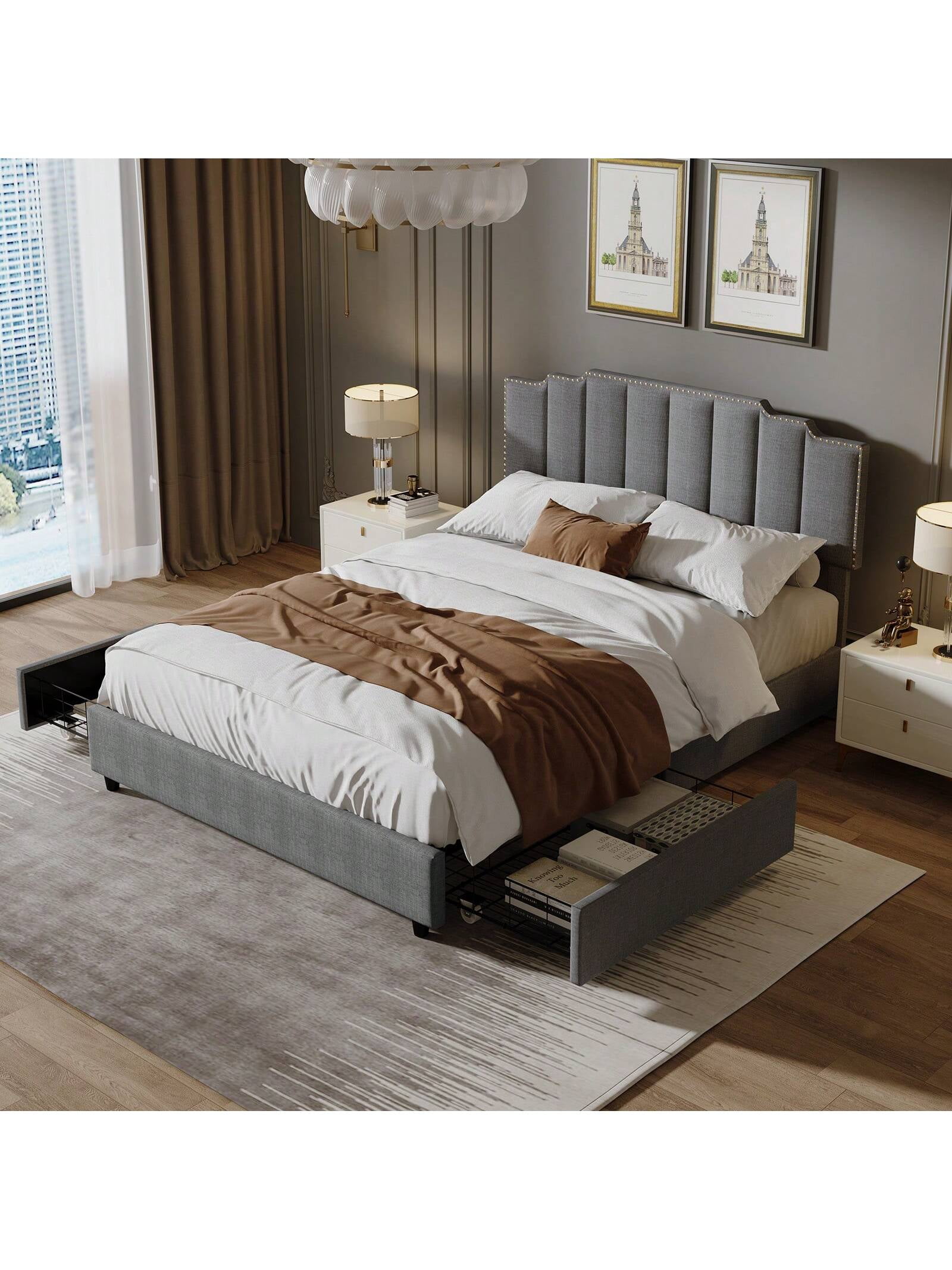 Queen Size Upholstered Platform Bed Linen Bed Frame with 2 Drawers ...