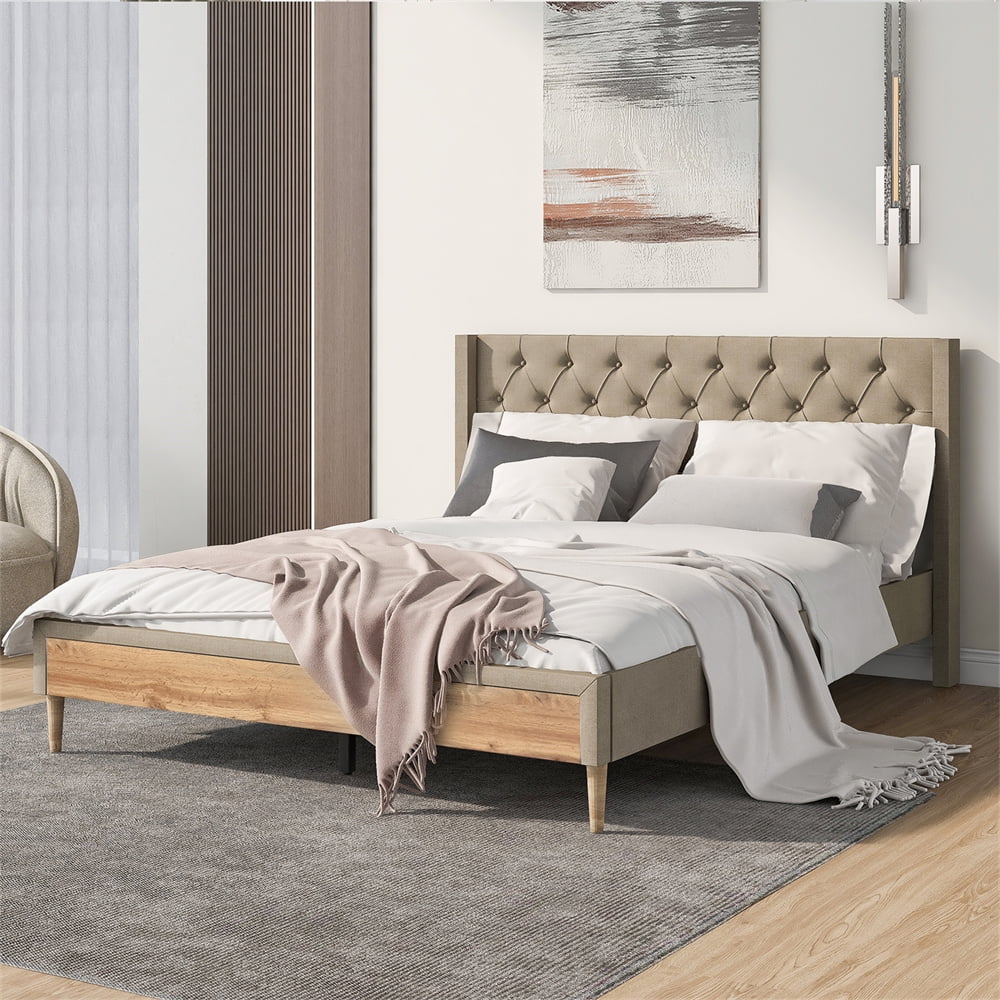 Queen Size Upholstered Platform Bed, Modern Linen Upholstered Platform ...