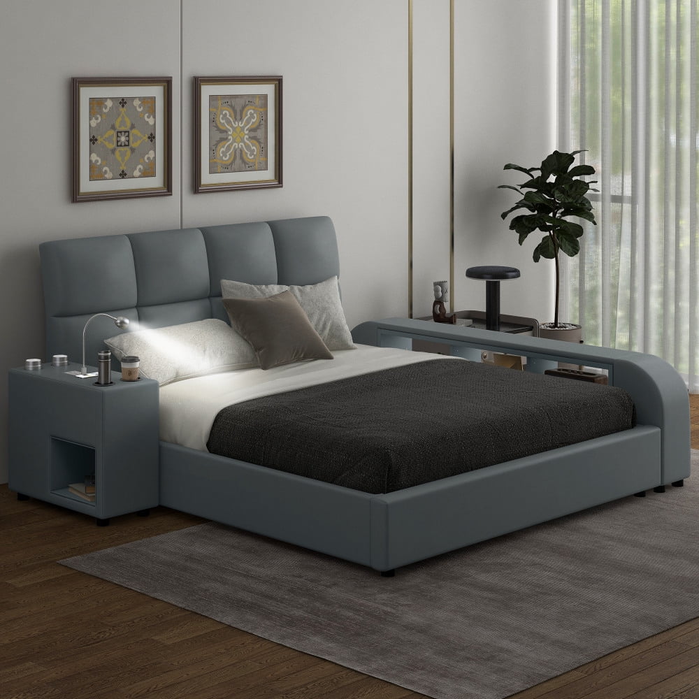 Queen Size Upholstered Platform Bed with Multimedia Nightstand and ...