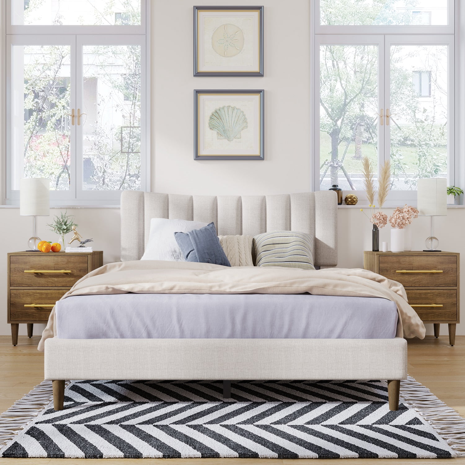 Queen Size Upholstered Platform Bed,Solid Wood Bed Frame with Tufted ...