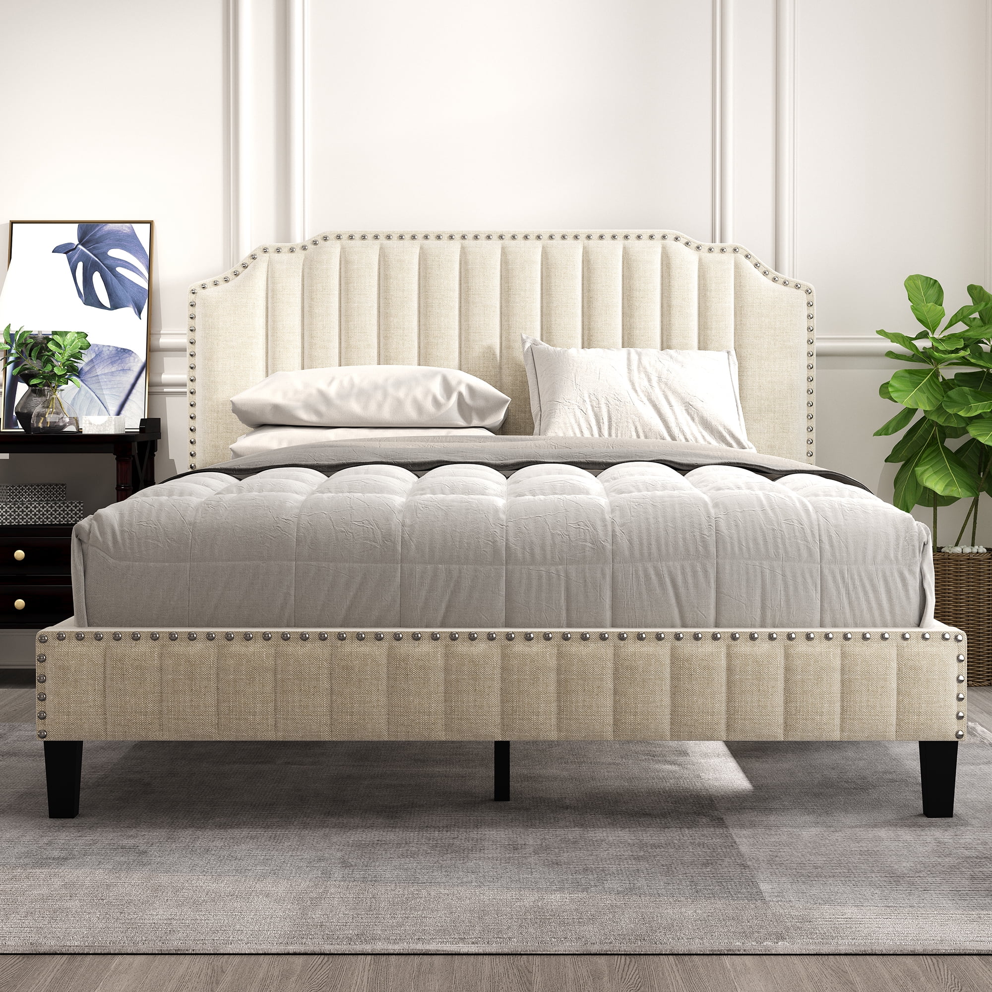 Queen Size Upholstered Platform Bed, Solid Wooden Bed Frame with Velvet ...