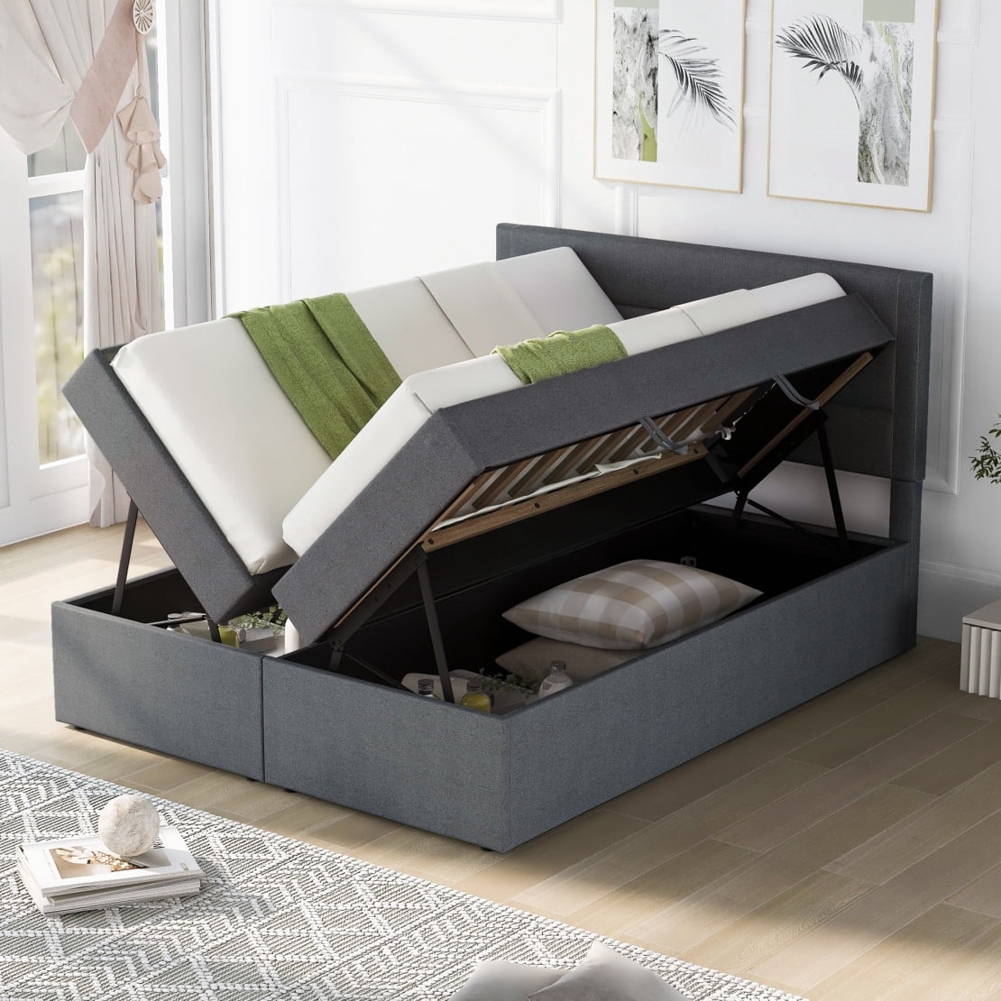 Queen Size Upholstered Platform Bed with Storage Underneath and ...