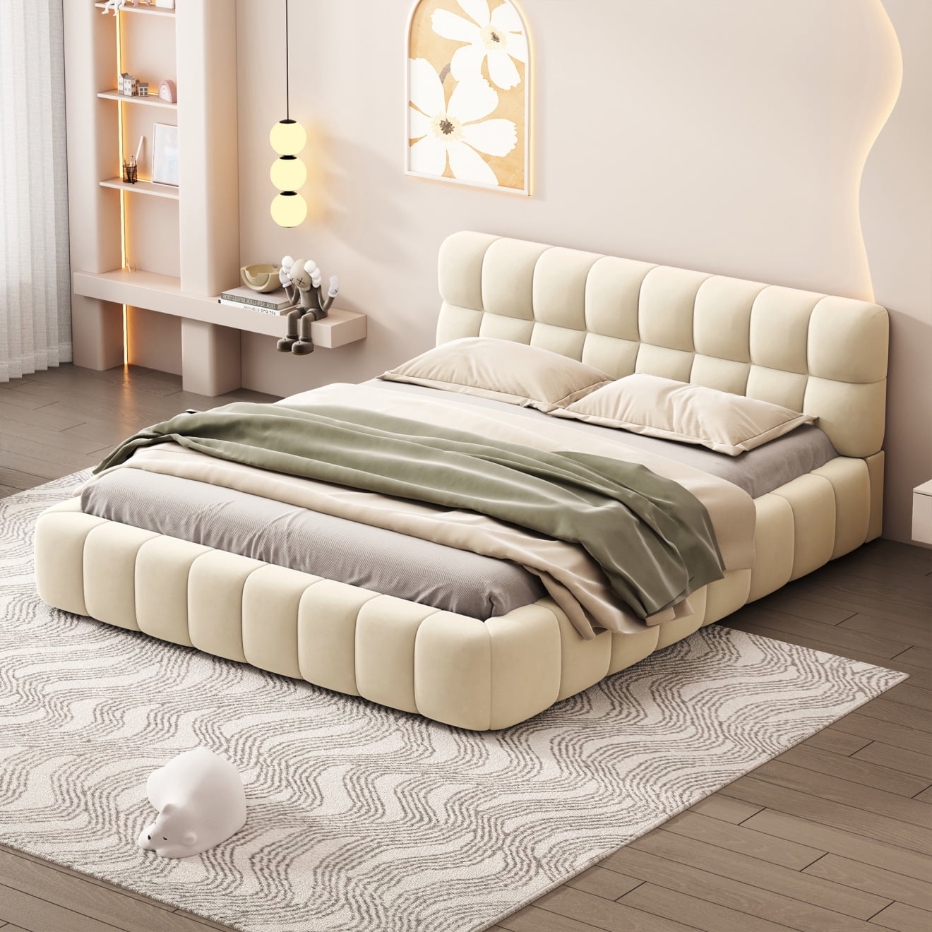 Queen Size Upholstered Platform Bed with Thick Foam Padding, Sturdy ...